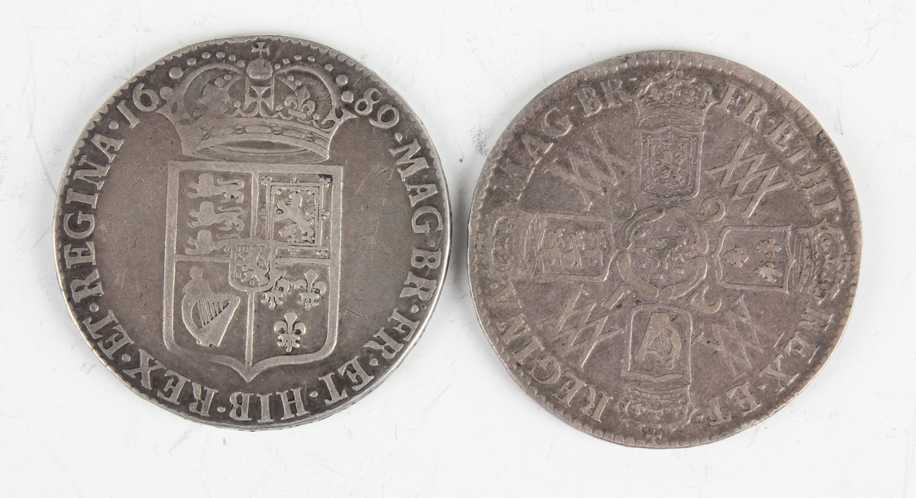 Two William and Mary half-crowns, comprising 1689 and 1692, edge ...