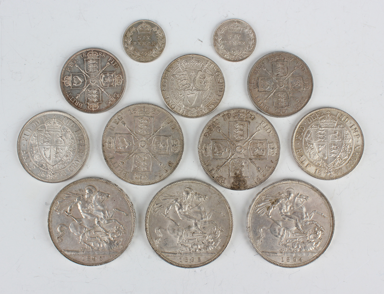 A collection of Victorian silver coinage, including three crowns, 1892 ...