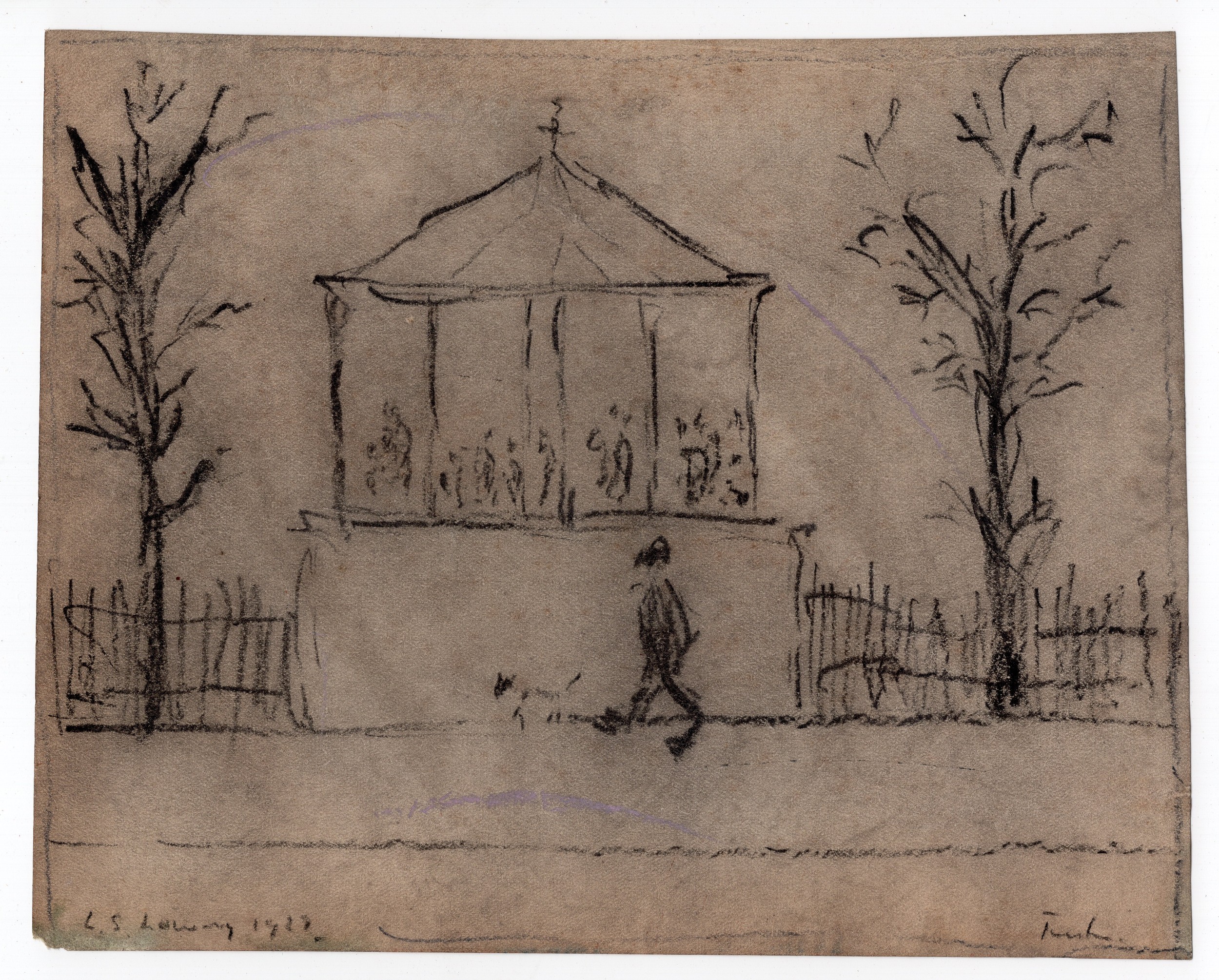 L S Lowry drawing of a man walking a dog in front of a bandstand - 18cm ...