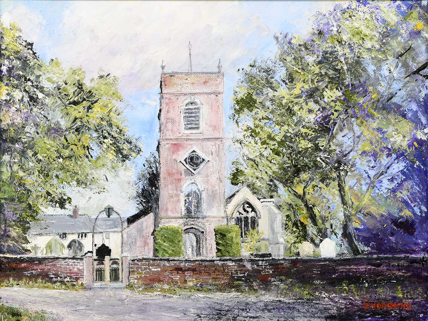 JOYCE HORROCKS; oil on canvas, Swettenham Church, signed lower right ...