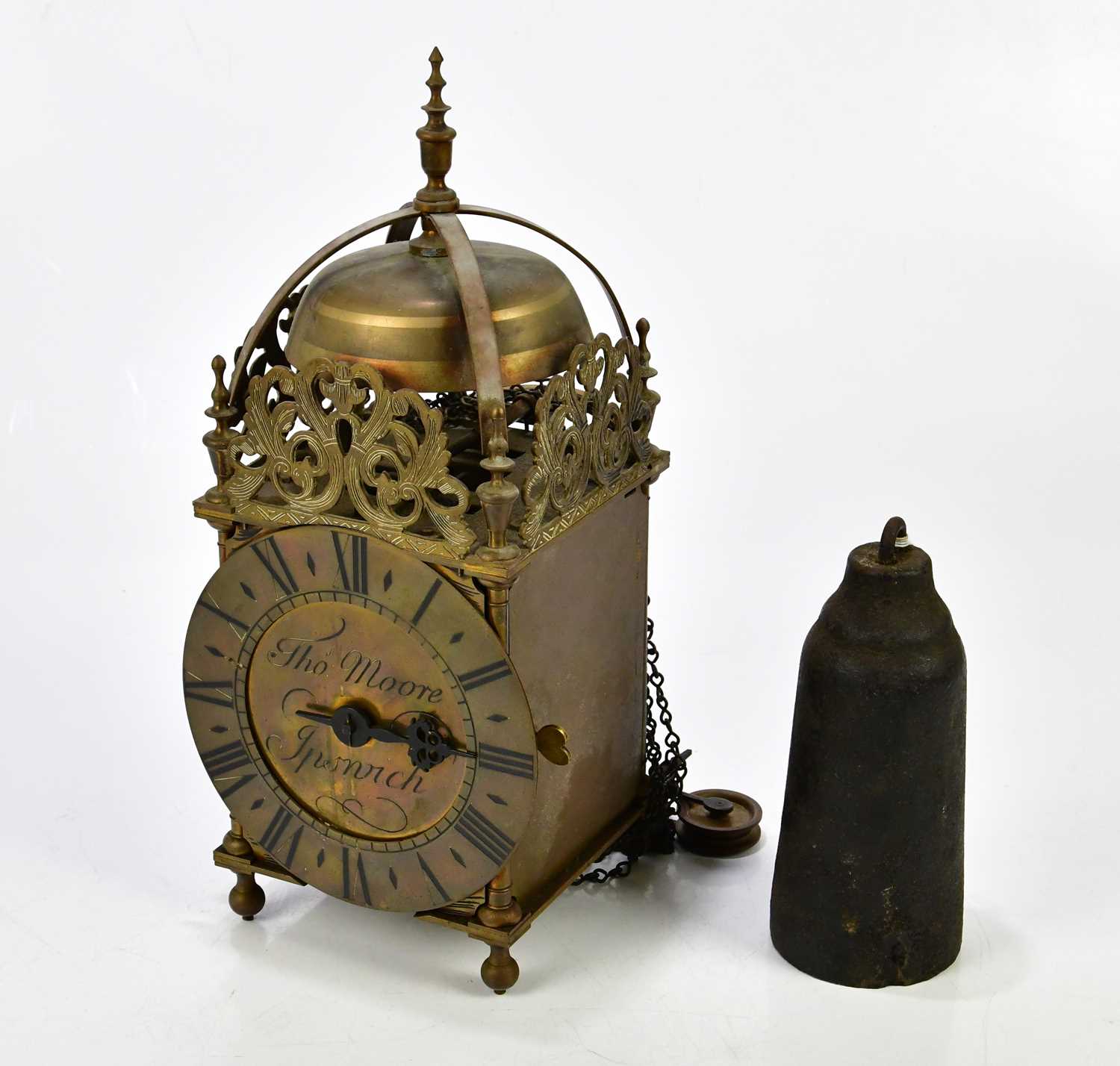 AFTER THOMAS MOORE, IPSWICH; a reproduction brass lantern clock, height ...