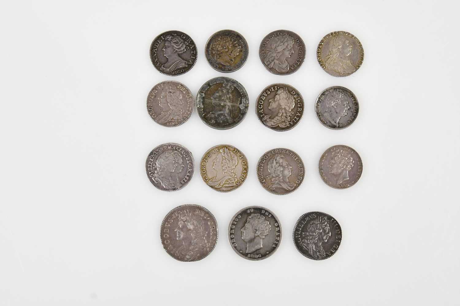 FIFTEEN SILVER COINS INCLUDING; JAMES II sixpence 1687, WILLIAM III ...