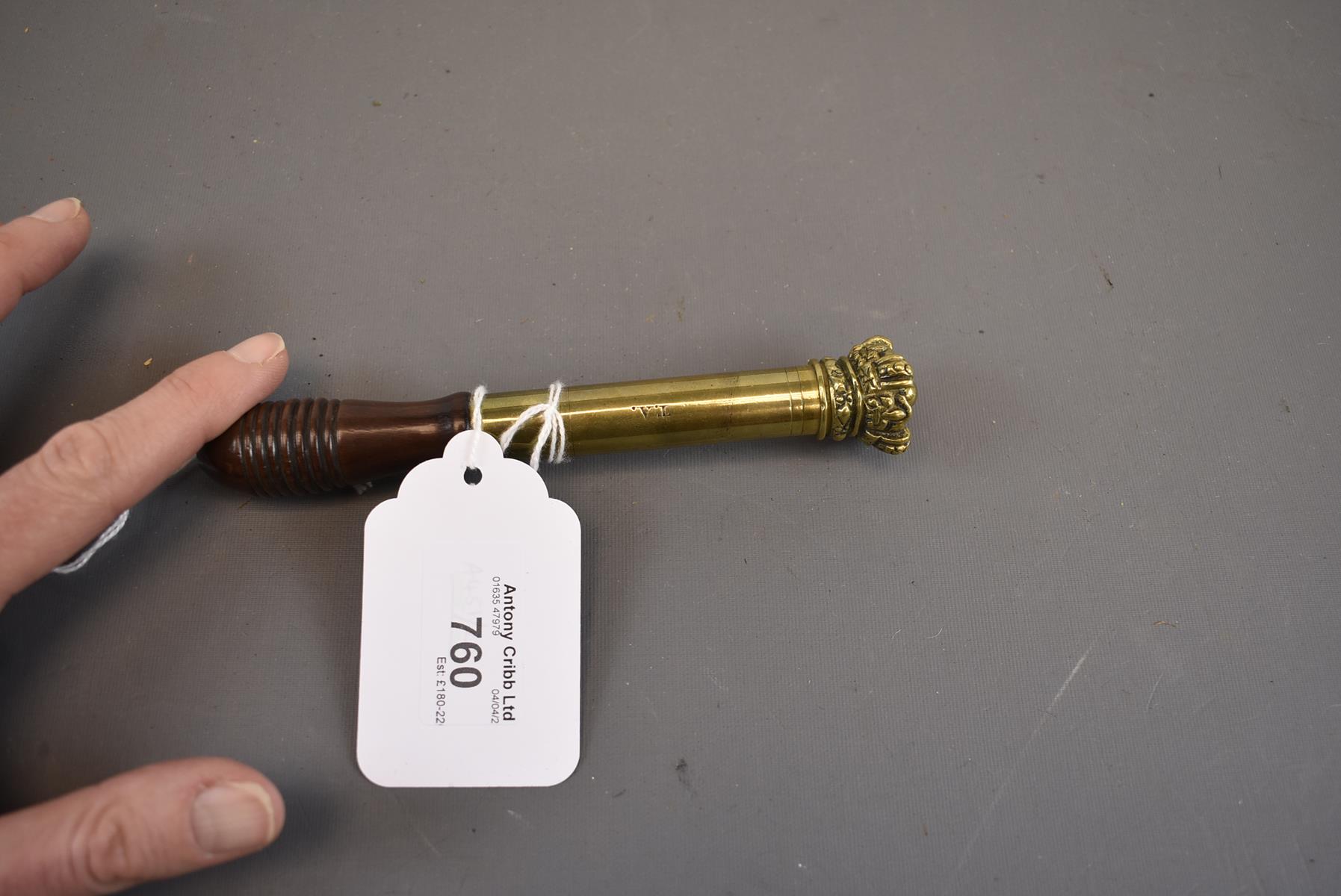 A VICTORIAN TIPSTAFF, cylindrical brass body with cast gilt brass crown ...