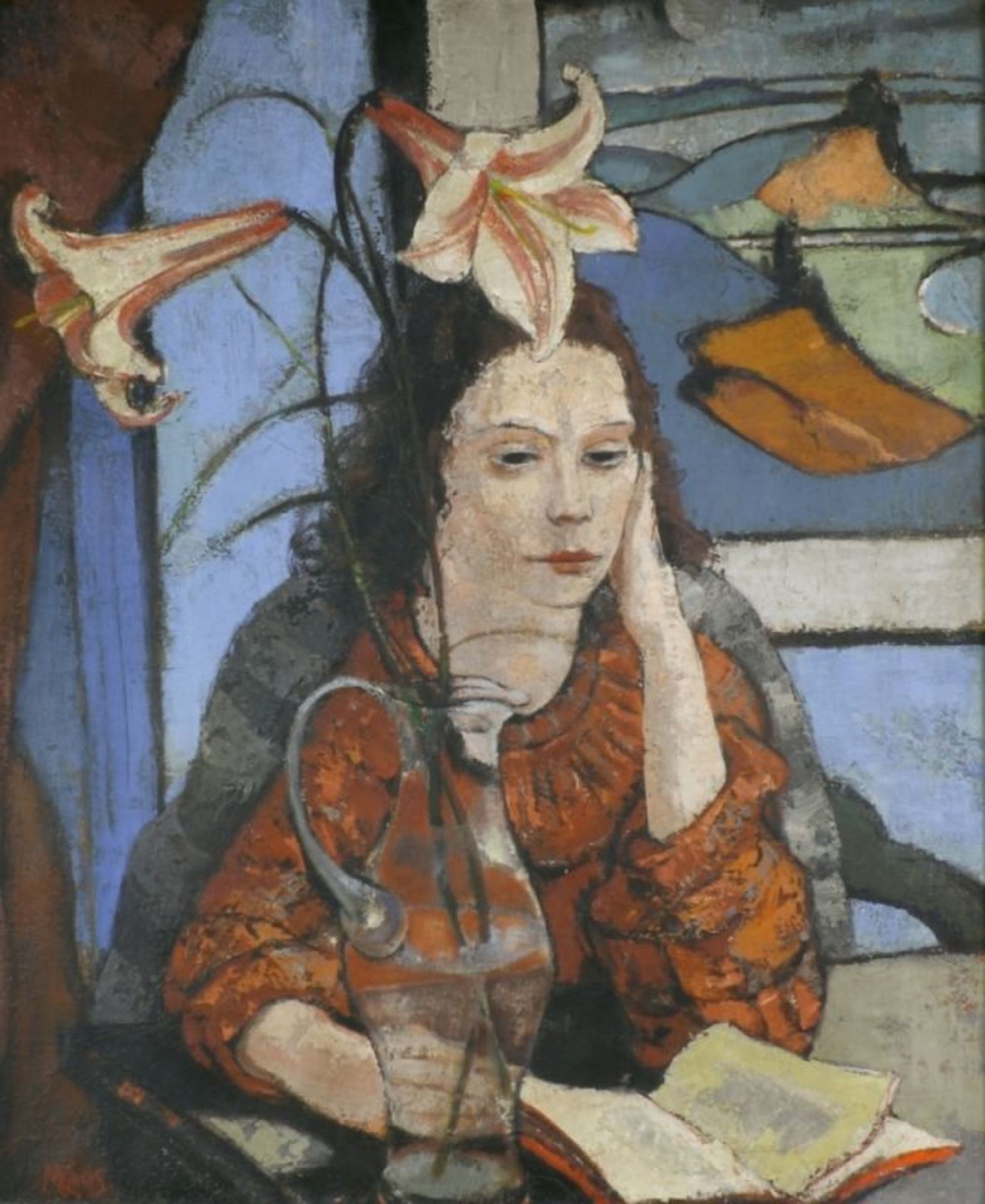Kaus, Max (1891 Berlin - 1977 ebd.)Frau mit Lilien. 1933. Nachdenkliche ...