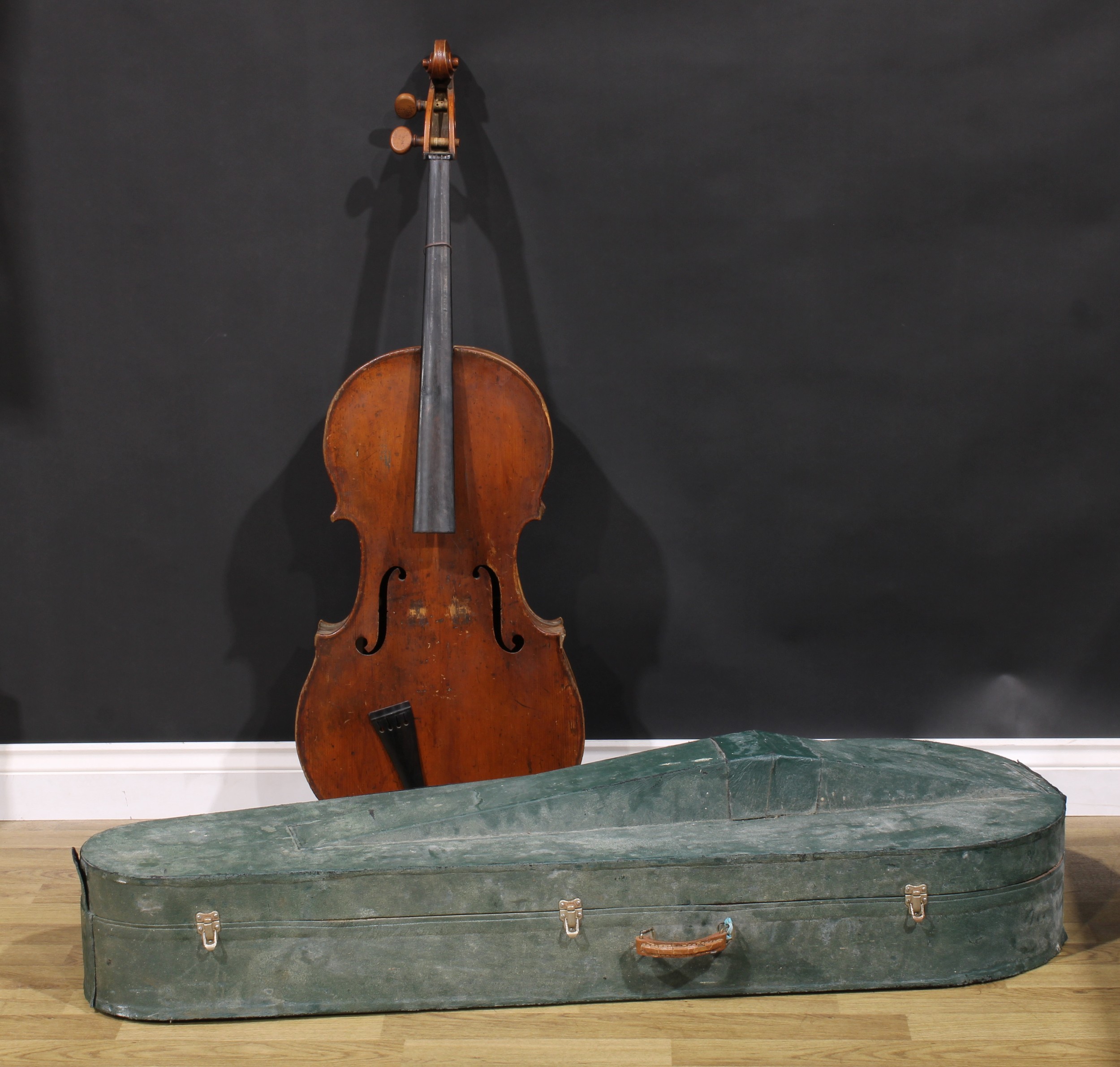 A cello, the two-piece back 77cm excluding button, boxwood tuning pegs ...
