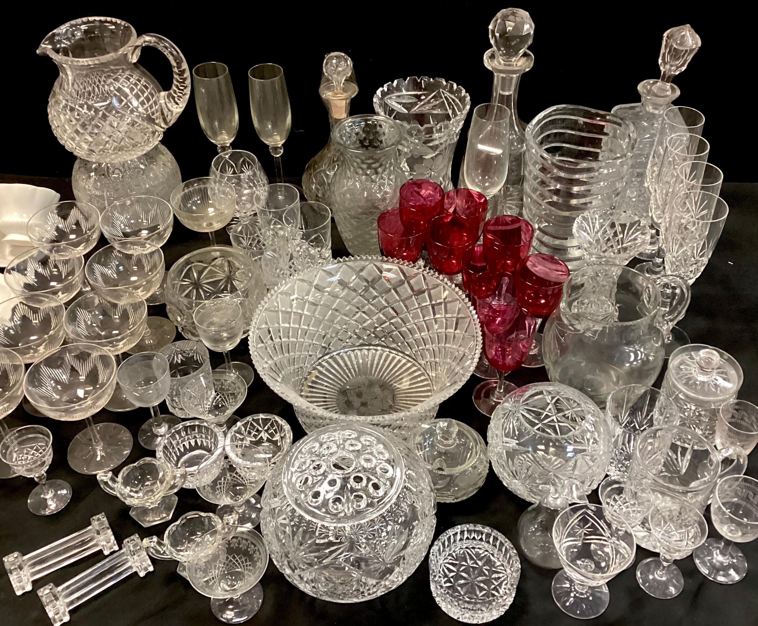 Glass - eight etched champagne coupes, champagne flutes, cranberry ...