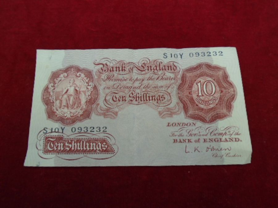 Ten Shilling Bank of England brown note serial S10Y 093232, cashier L K ...