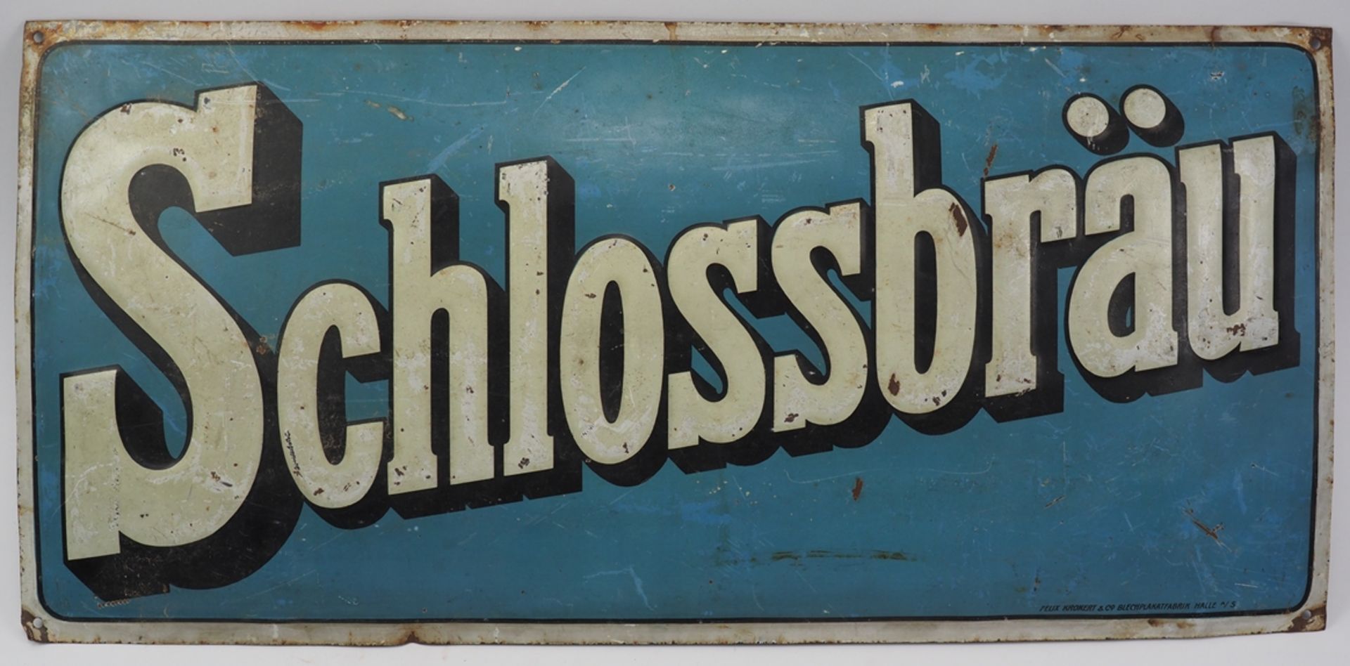 Schlossbräu: Werbeschild. Metall geprägt und lithographiert, bez ...