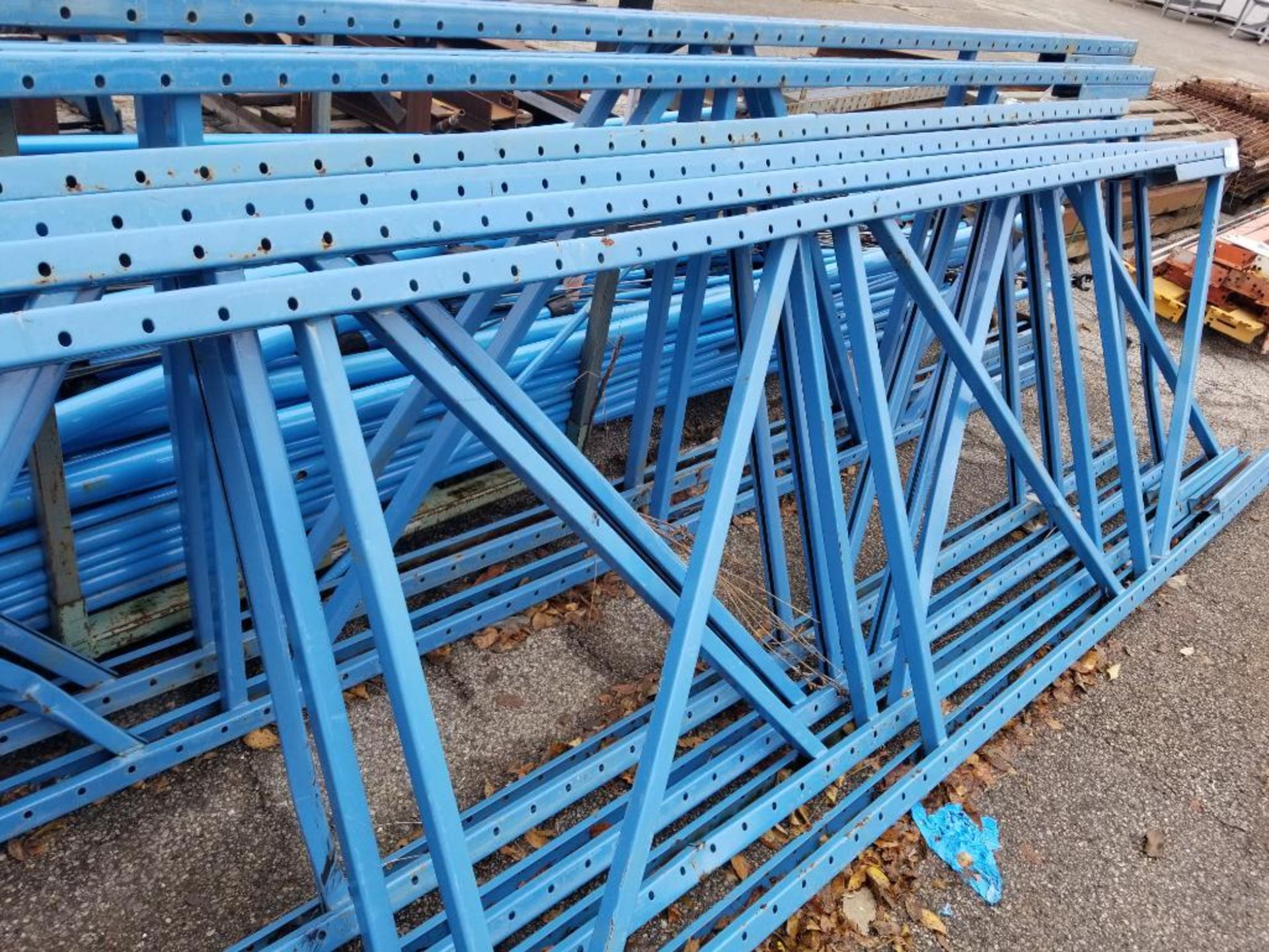 Qty 6 - Pallet racking uprights. 197in in tall by 44in deep. Slot style.