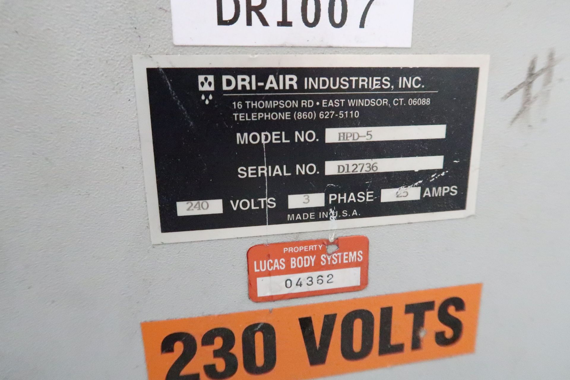 DRI-AIR MODEL HPD-5 DESICCANT RESIN DRYER AND HOPPER; DRYER S/N D12736 ...
