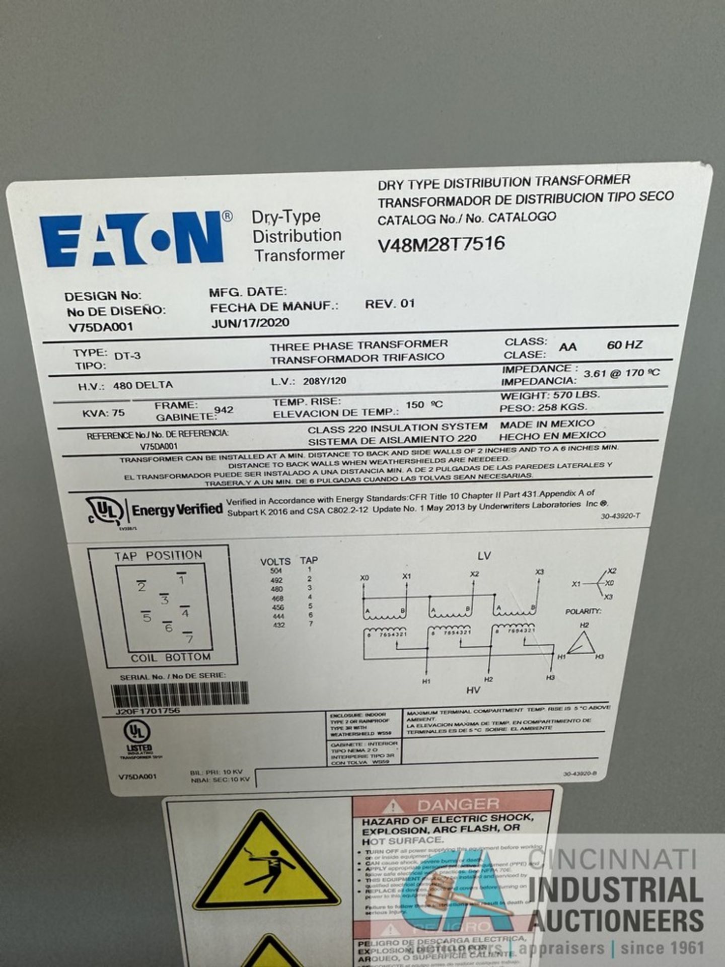 TRANSFORMER, 75 KVA EATON (NEW 2020)
