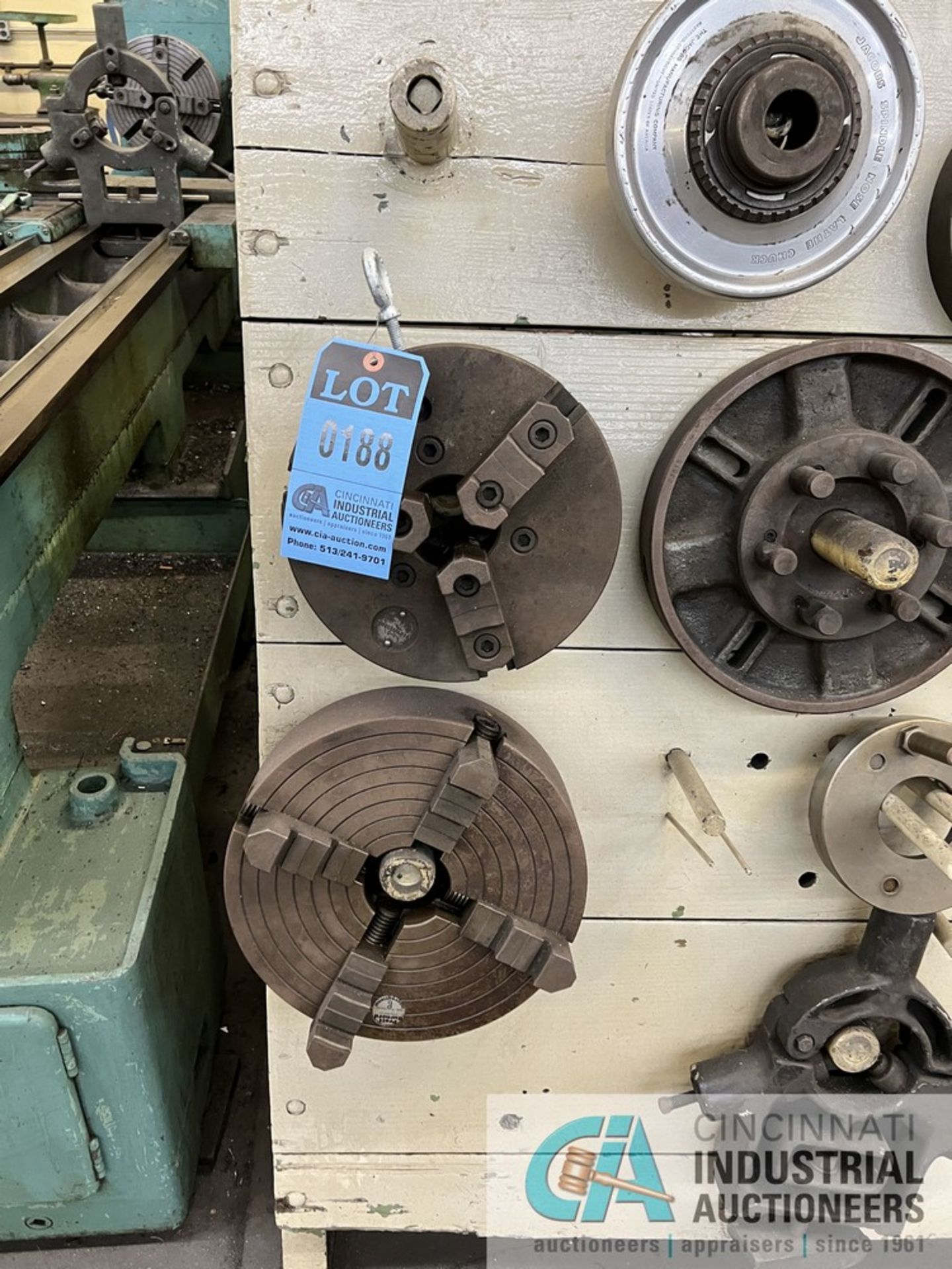 LATHE BACK WITH: JACOBS COLLET CHUCK 10" 3-JAW; 12" 4-JAW PRATT BURNERD ...