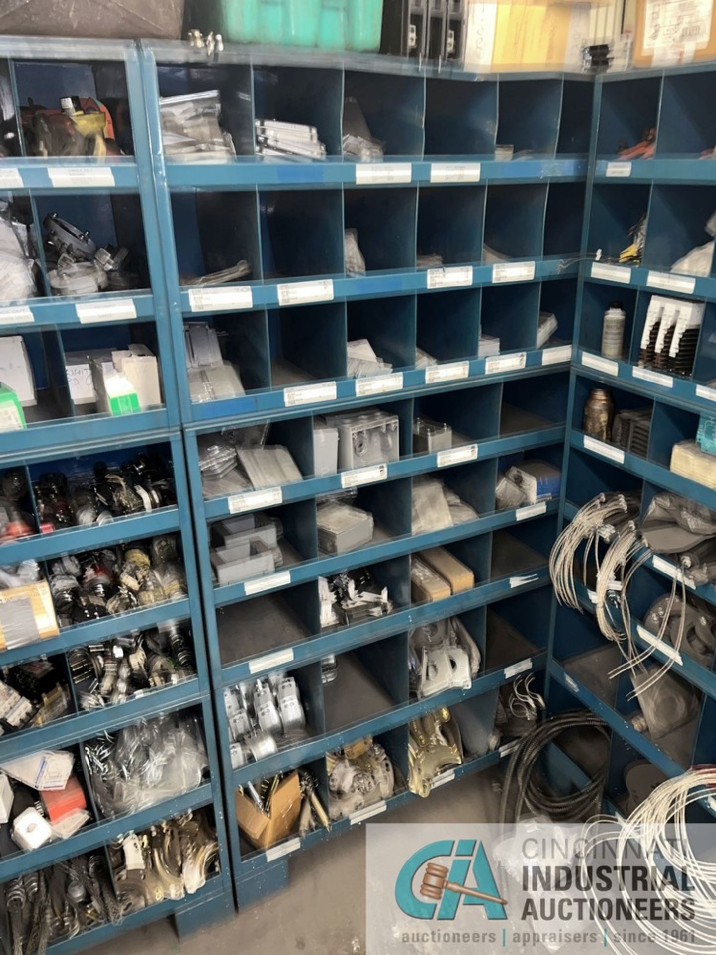 (8) SECTIONS OF STACKABLE STORAGE BINS WITH CONTENTS, ELECTRICAL ...