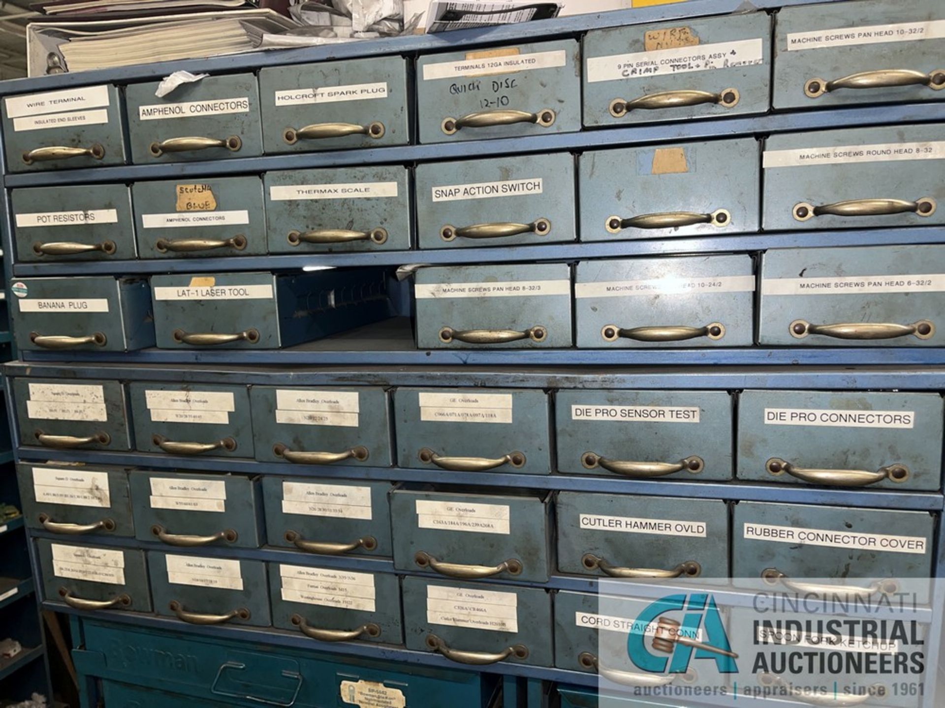 (4) SECTIONS OF STACKABLE DRAWER BINS WITH CONTENTS, SHEET METAL SCREWS ...