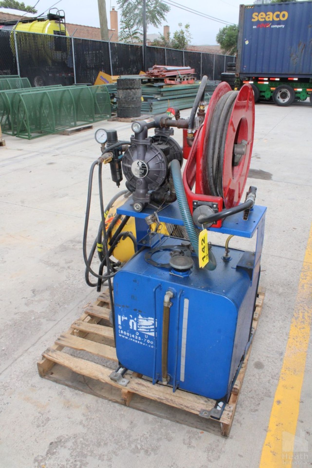 FUEL TANK WITH HUSKY 1040 PUMP AND HOSE REEL WITH NOZZLE (THIS ITEM IS ...