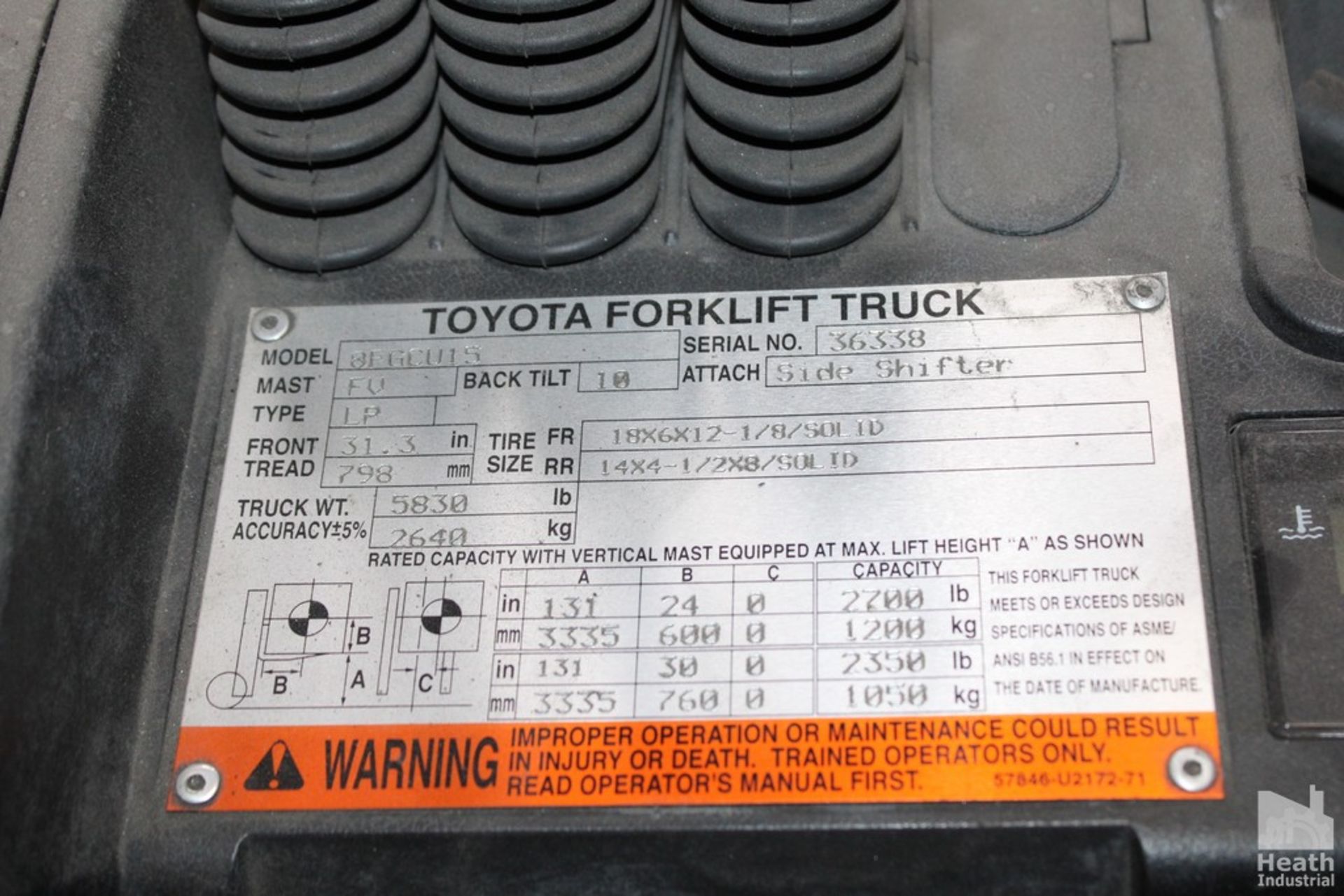 TOYOTA 2,700 LB. MODEL 8FGCU15 LP FORKLIFT TRUCK, S/N 36338, 131” MAX ...