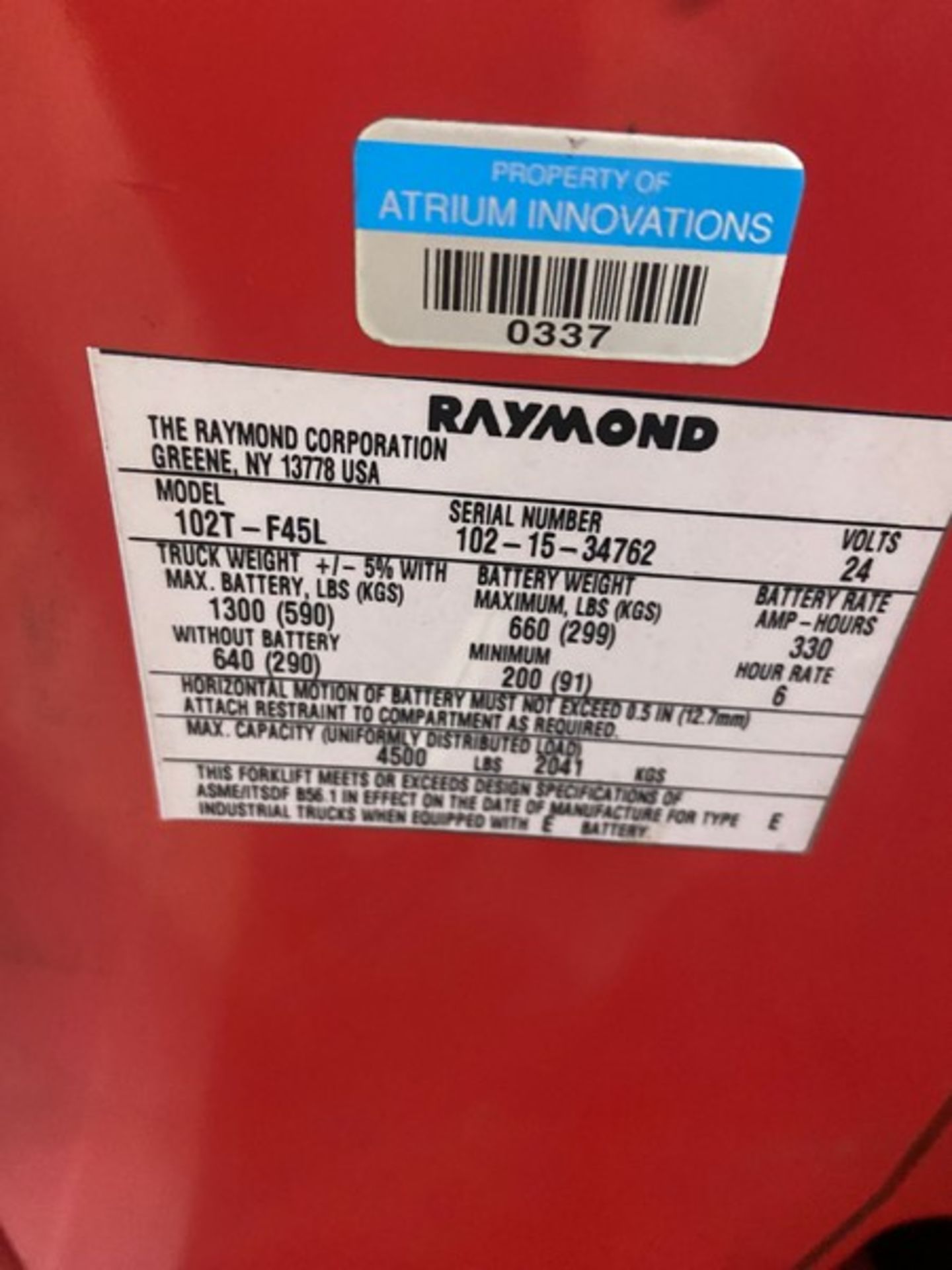 RAYMOND WALK-BEHIND ELECTRIC PALLET JACK, M/N 102T-F45L, S/N 102-15 ...