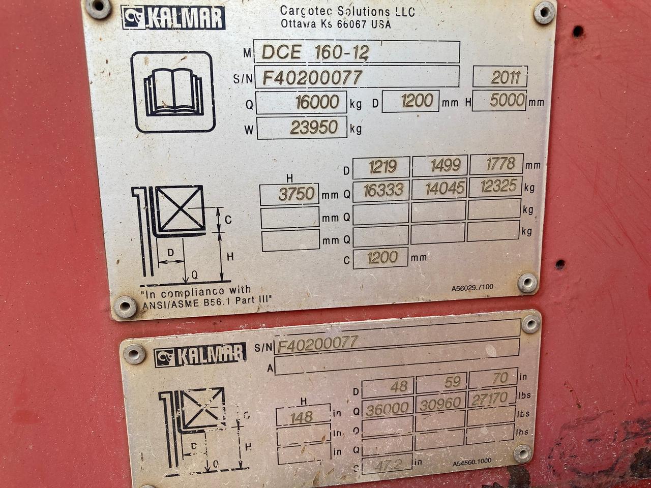 { Choice of lots: 187 } 2013 KALMAR DCE 160-12 Diesel Forklift 36,000 ...
