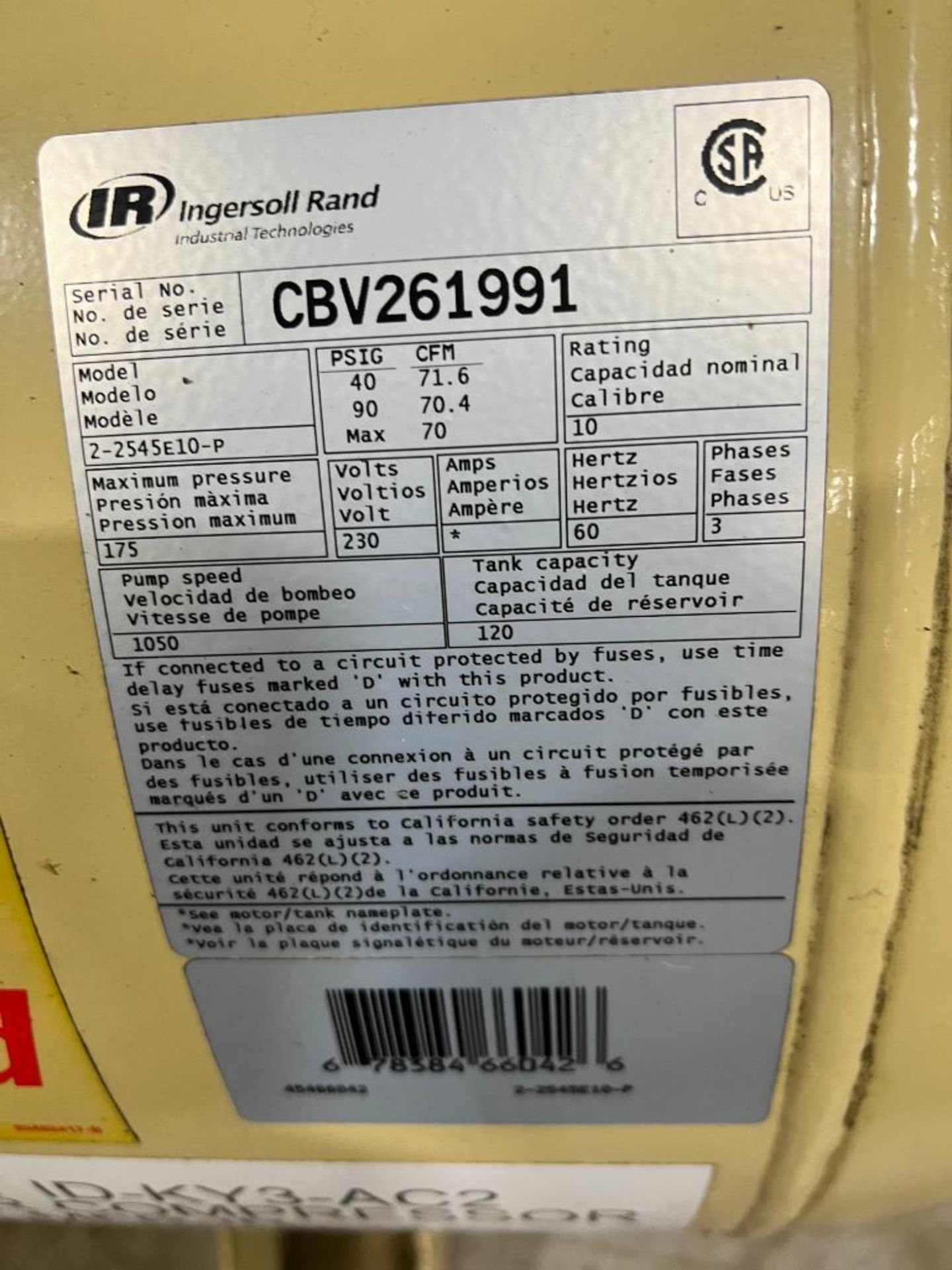 Ingersoll Rand Horizontal Air Compressor, 120-Gallon Tank Capacity, 3 ...