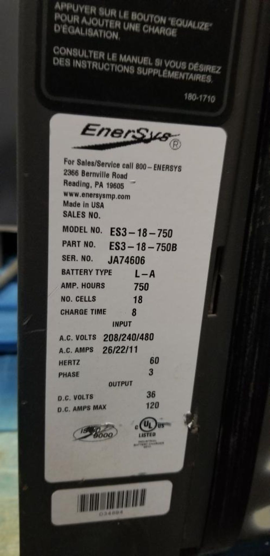 { Choice of lots: 263 (P) } (2x) EnerSys EnForcer Battery Chargers, (1 ...