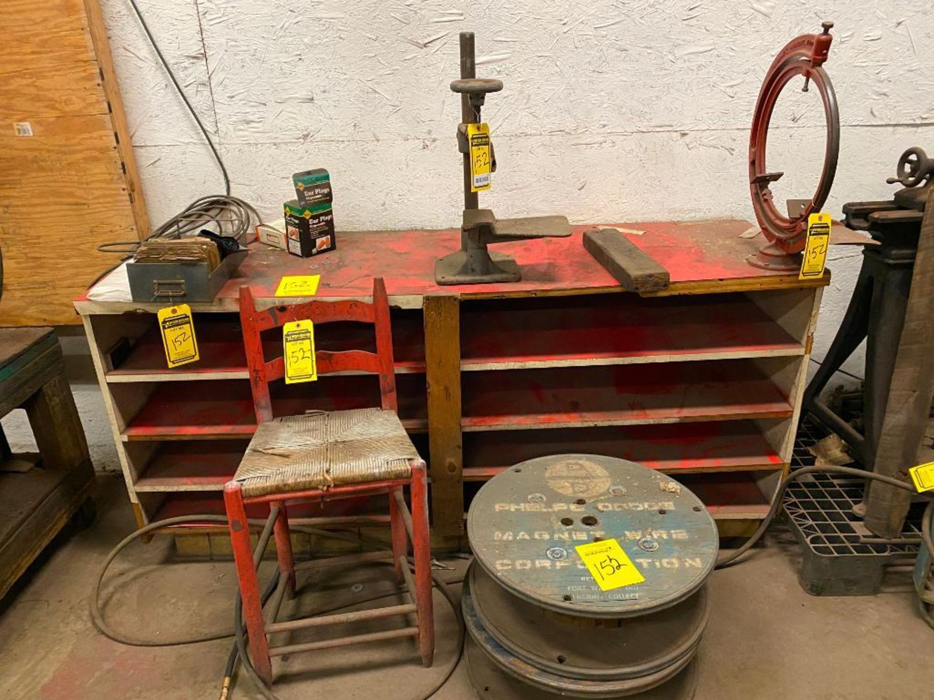 { Group of lots: 151, 152 } Wood Shelf, Press, Fixture, Chair & (2) Spools