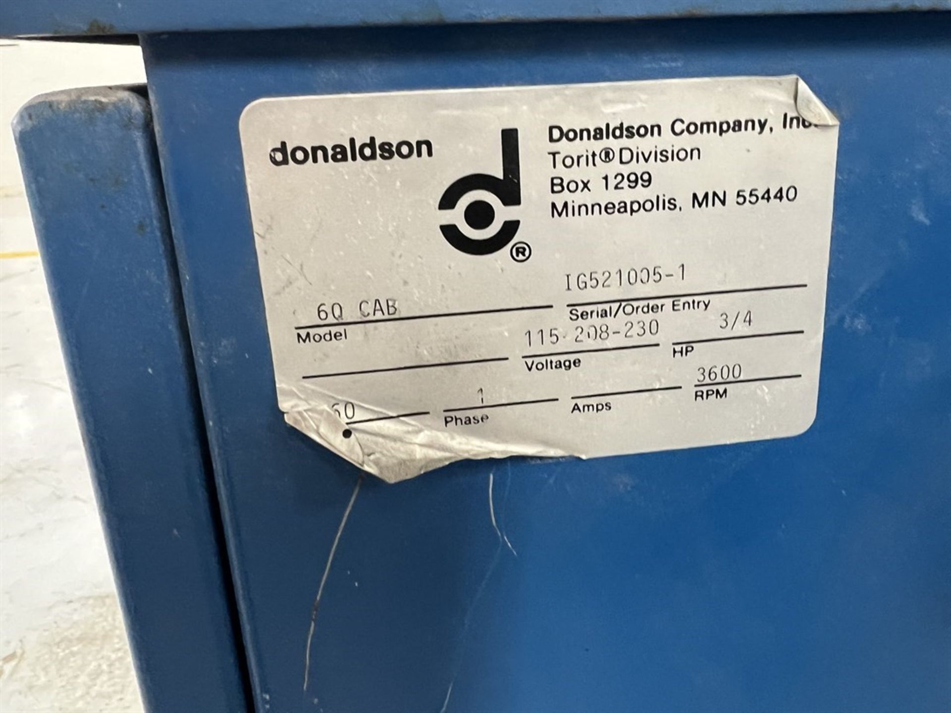 DONALDSON TORIT 60 CAB Dust Collector, s/n IG521005-1, 3/4 HP