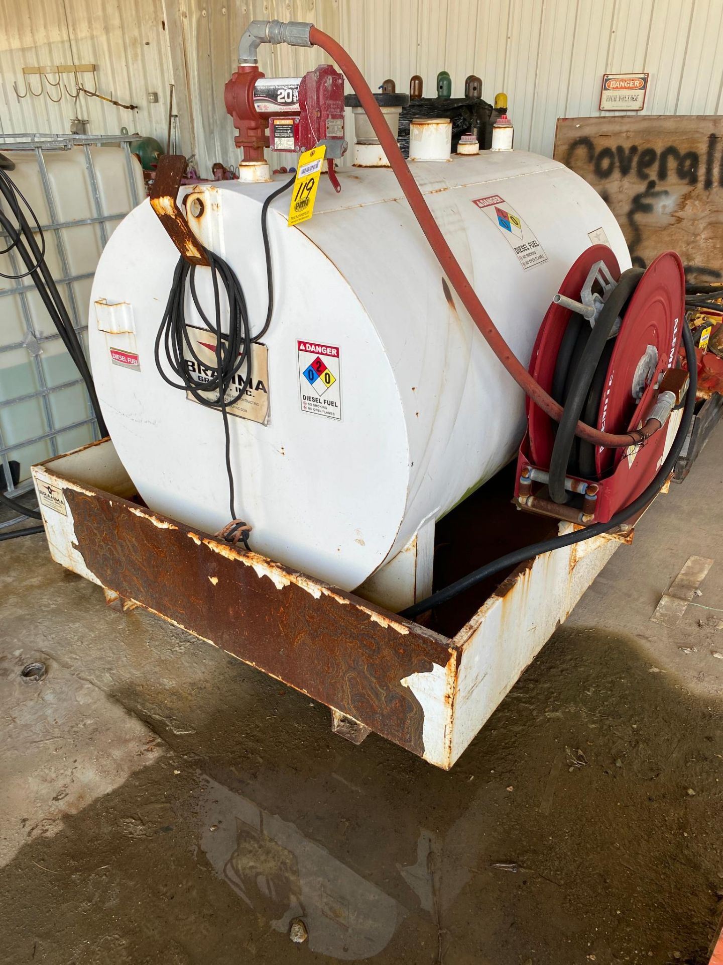 DIESEL STORAGE TANK, w/ containment skid, hose reel & 12 v. transfer ...