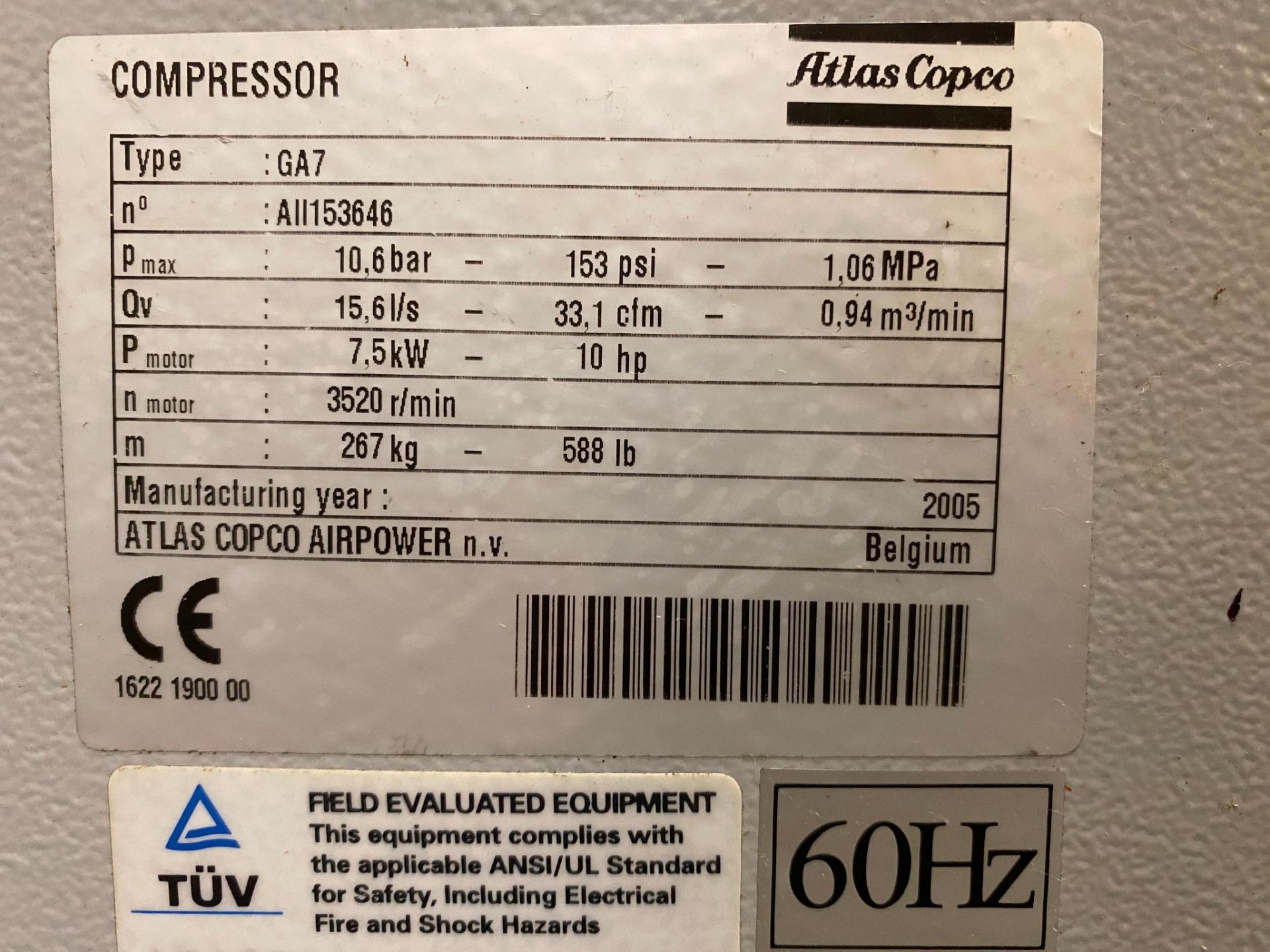 ROTARY SCREW AIR COMPRESSOR, ATLAS COPCO MDL. GA7- FF, new 2005, 10 HP ...