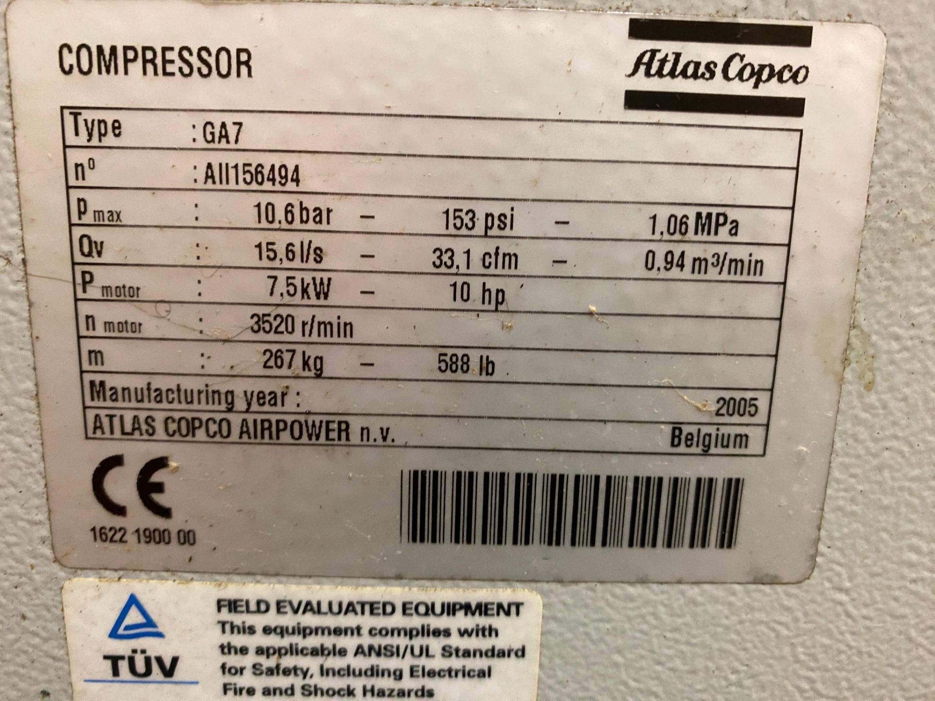 ROTARY SCREW AIR COMPRESSOR, ATLAS COPCO MDL. GA7-FF, new 2005, 10 HP ...