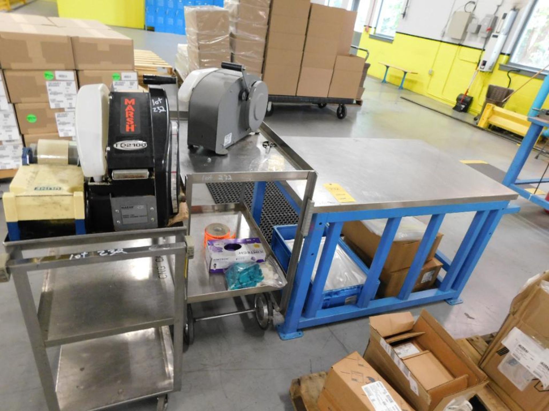 LOT: Stainless Table, (2) Stainless Carts, (2) Tape Shooters