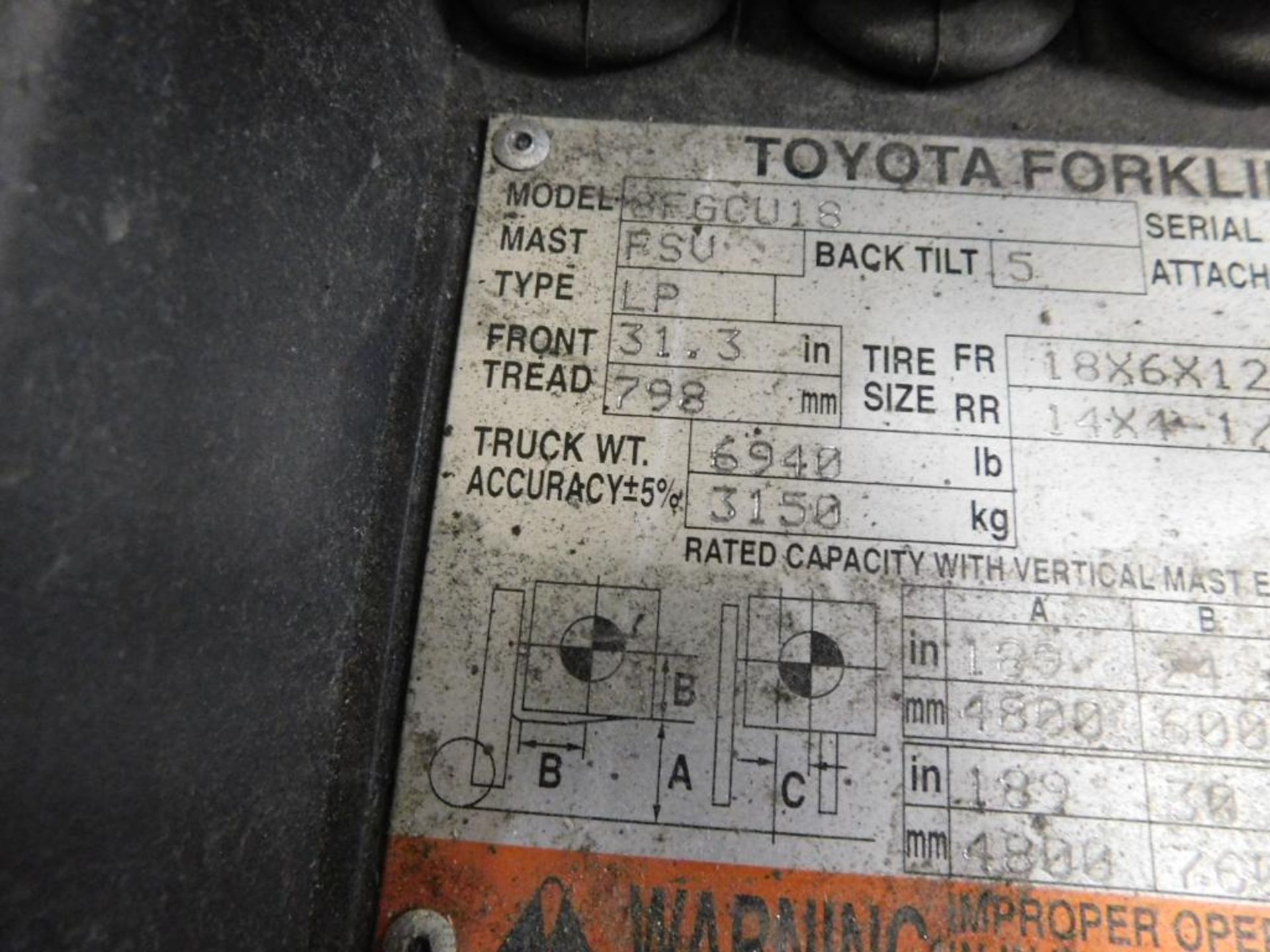 Toyota 8FGCU18 Fork Lift Truck, 3000 Lb. Max. Load Capacity, Overhead ...
