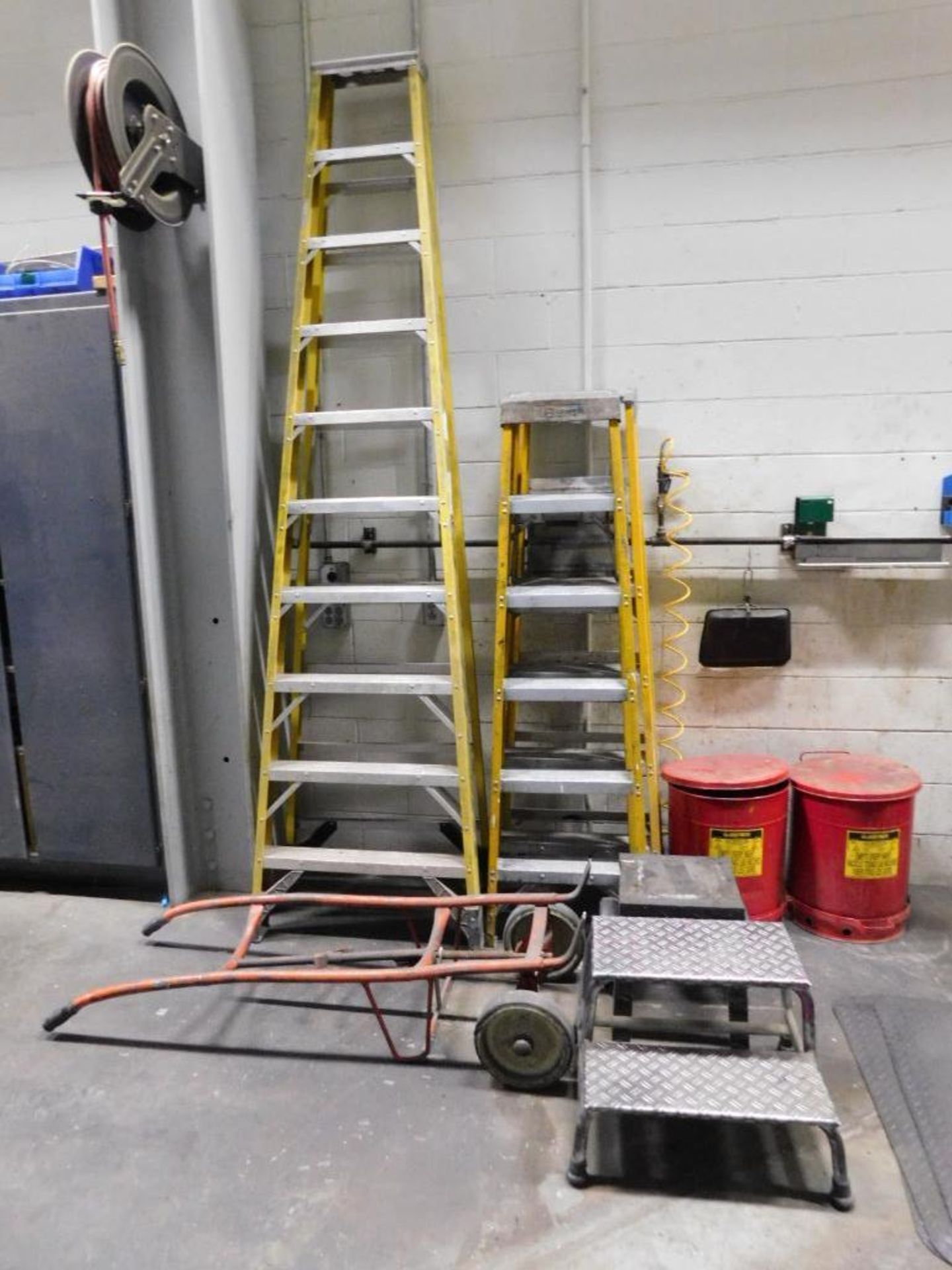 LOT: (1) 10' Fiberglass A-Frame Ladder, (2) 6' FB A-Frame Ladder, Drum ...