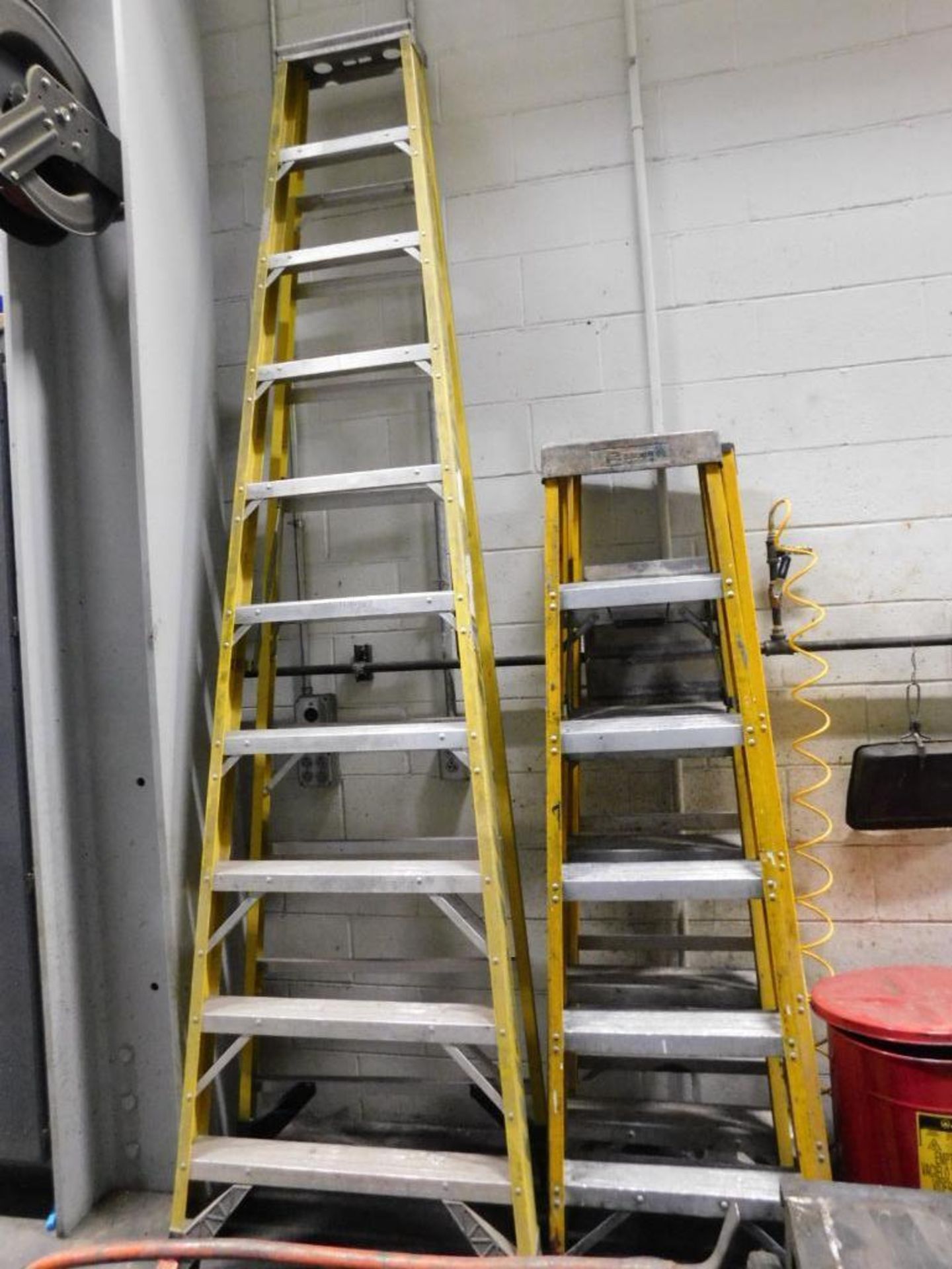 LOT: (1) 10' Fiberglass A-Frame Ladder, (2) 6' FB A-Frame Ladder, Drum ...