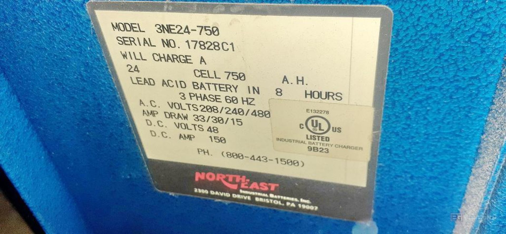 NorthEast Model 3NE24-750, 48V Battery Charger, S/N 17828C1, Subject To ...