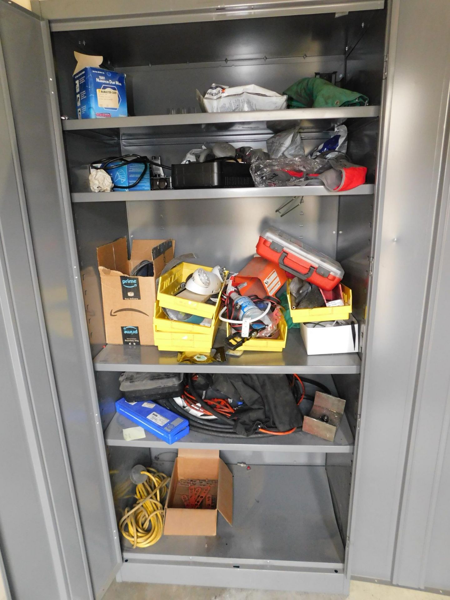 Two Door Upright Metal Cabinet with Contents