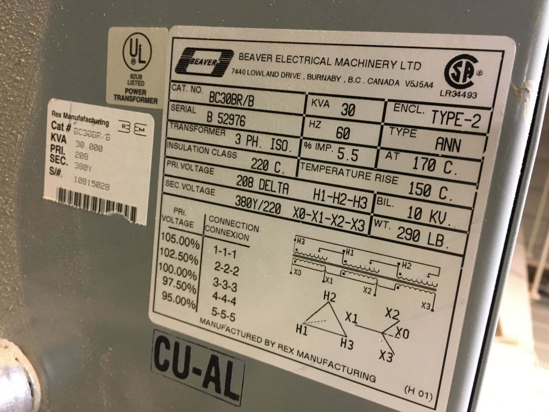 BEAVER TRANSFORMER, 30KVA, 3PH, 208V-380/220V, TYPE ANN (FOR OMNITECH CNC)