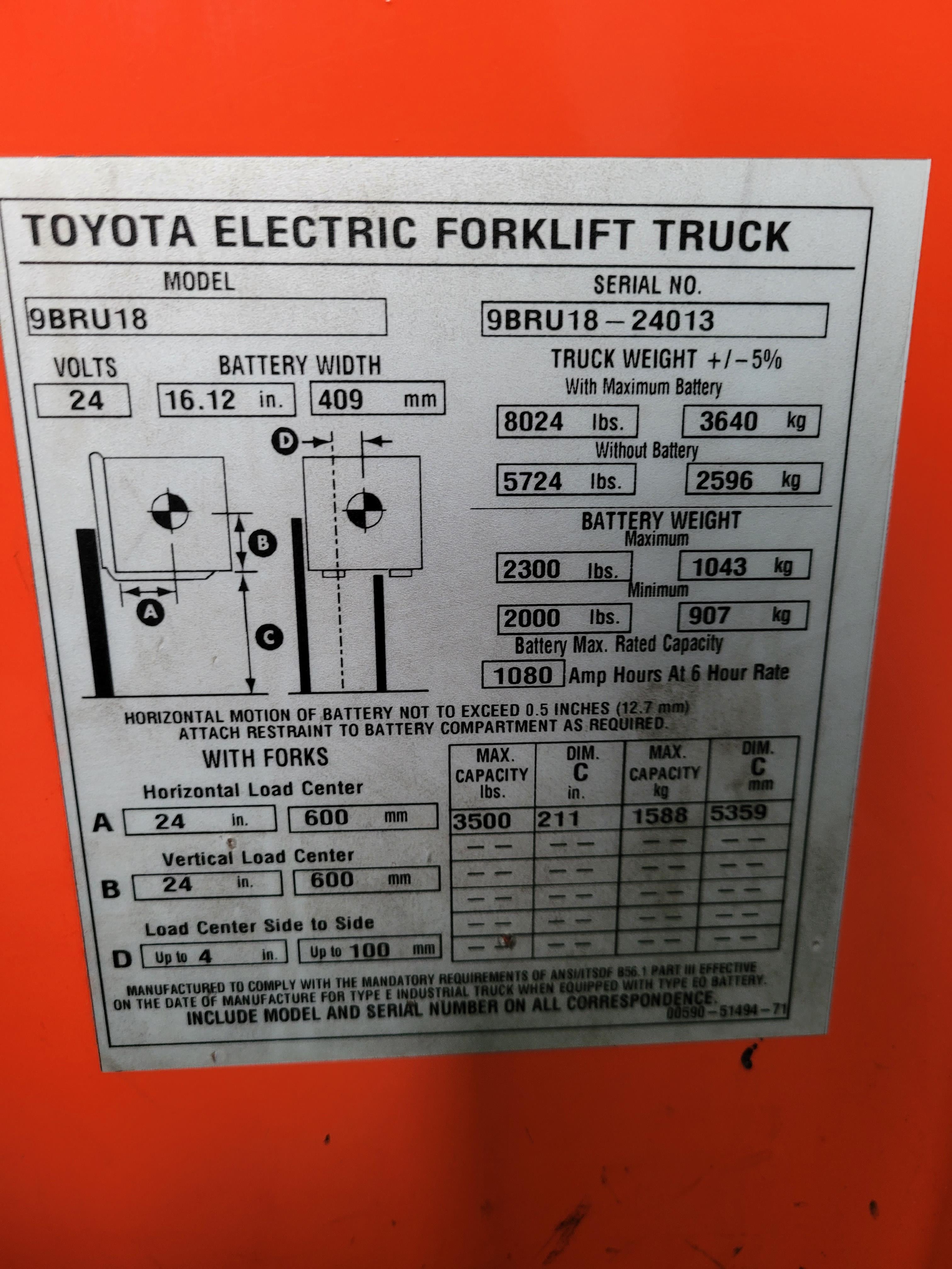 2015 TOYOTA mod. 9BRU18, ser. 9BRU18-24013, 24V, 3500lb cap., 211" Lift ...
