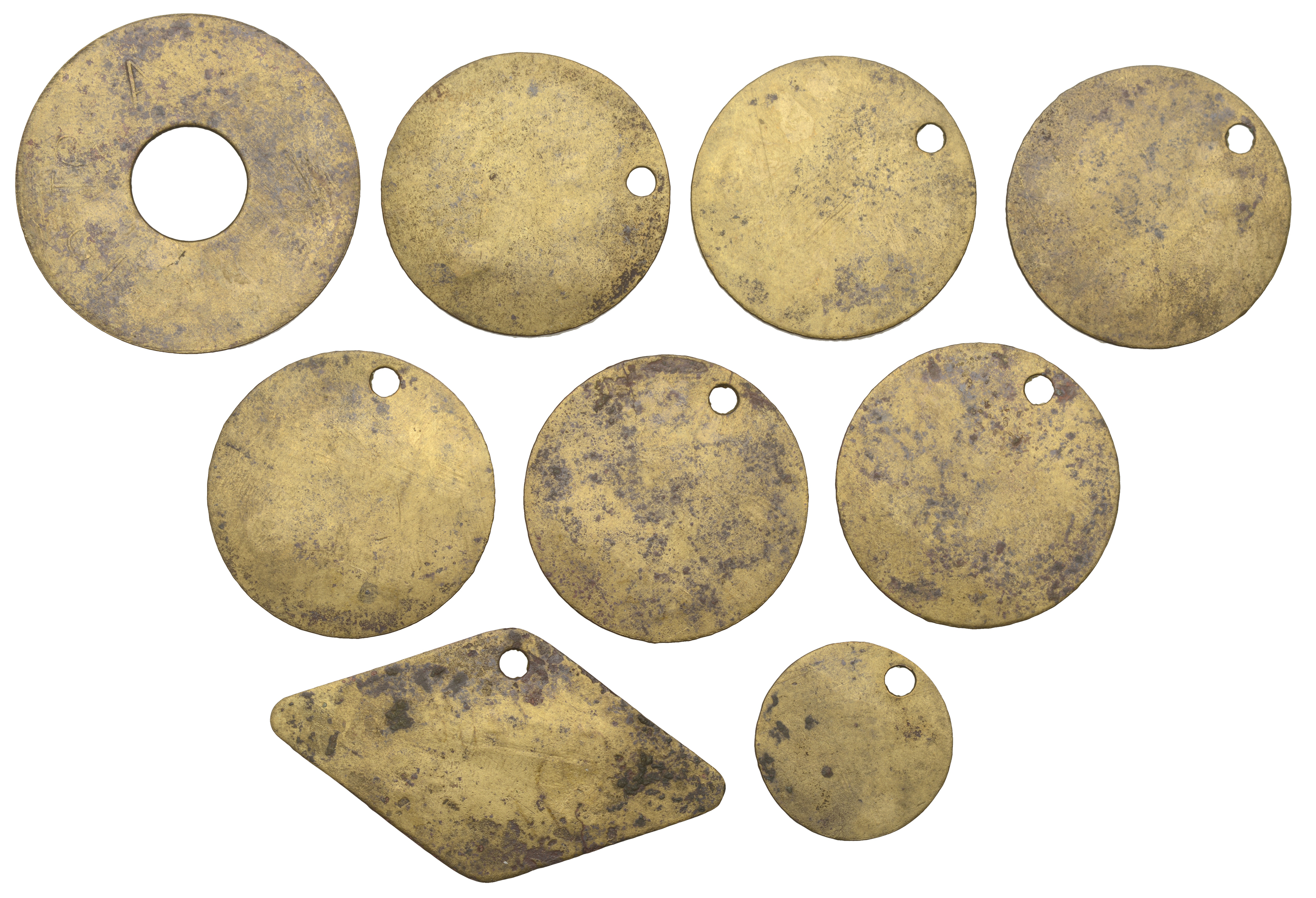 Rhodesia, British South Africa Co., brass hut tax tokens (9), 1909-10 ...