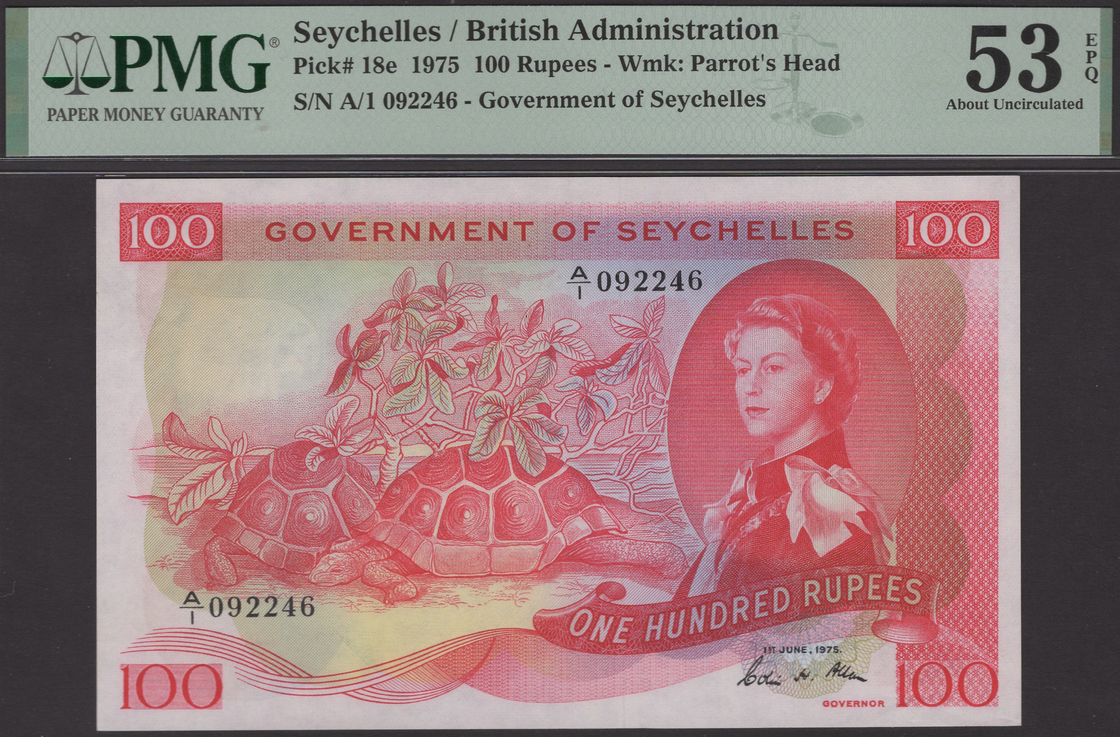 Government of Seychelles, 100 Rupees, 1 June 1975, serial number A/1 ...