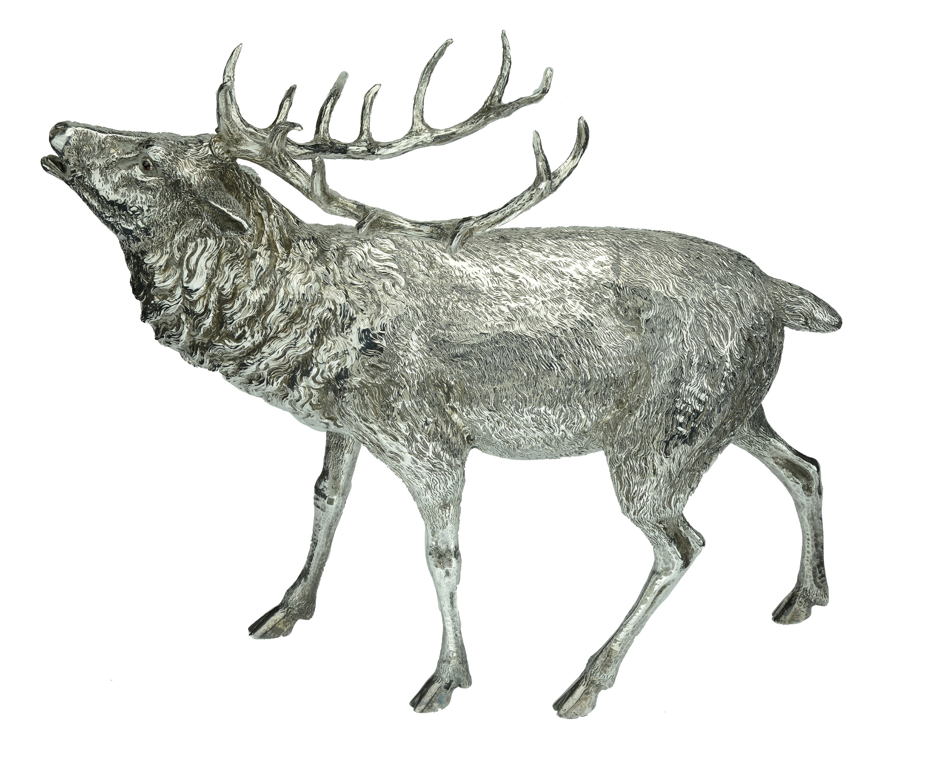 A late 19th century Dutch silver stag table ornament, realistically ...