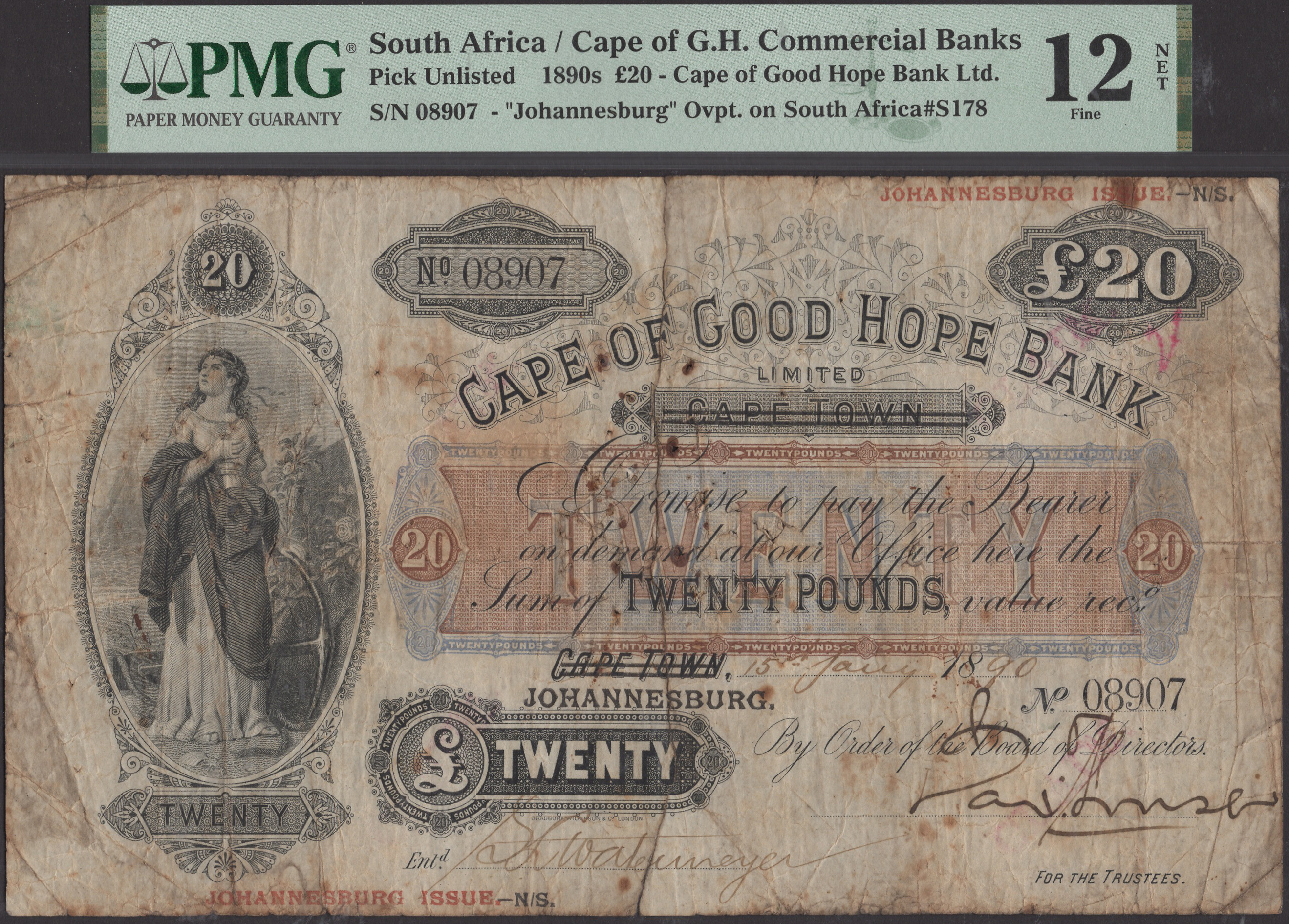 Cape of Good Hope Bank, Johannesburg Issue, £20, 15 January 1890 ...