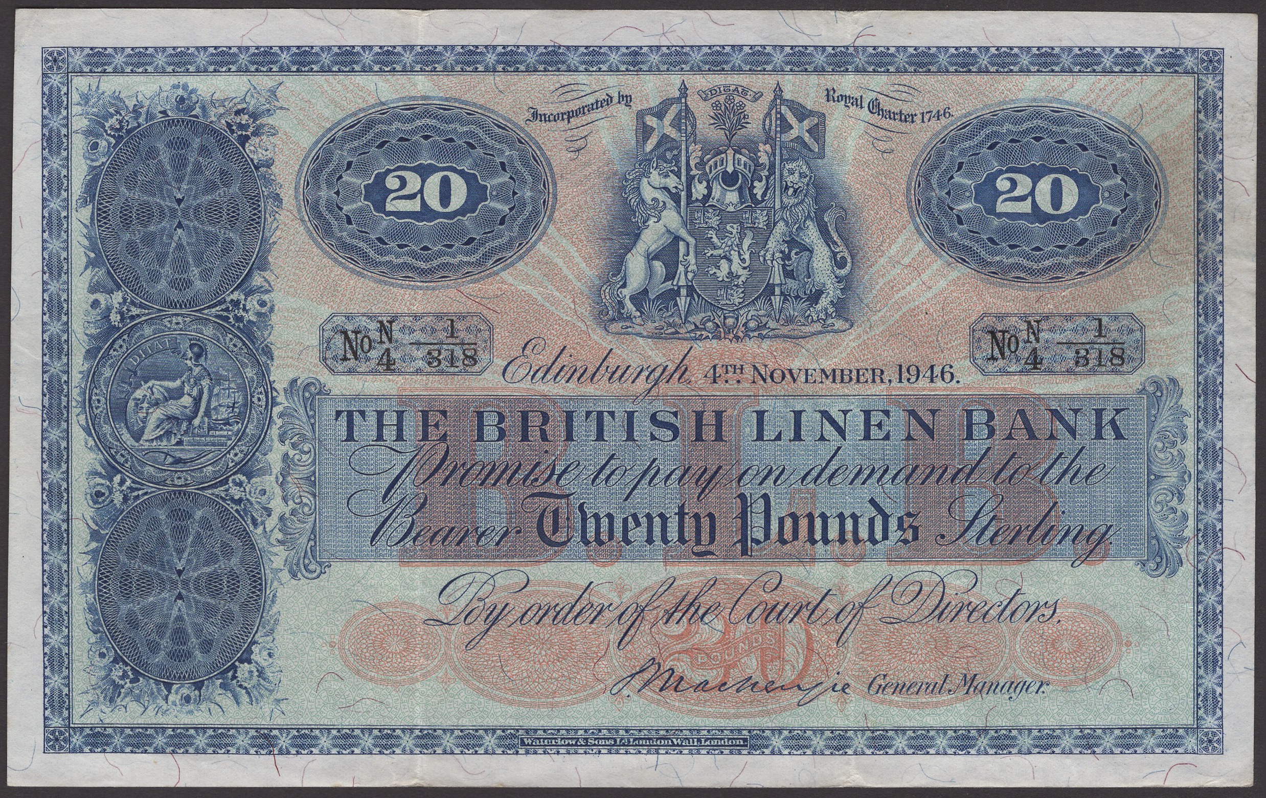 British Linen Bank, £20, 4 November 1946, serial number N/4 1/318 ...