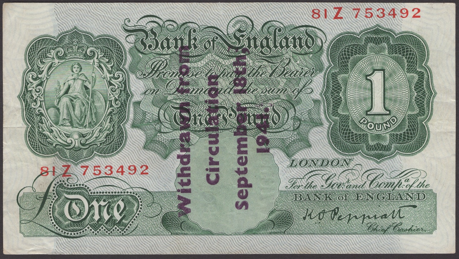 Bank of England, Kenneth O. Peppiatt, Guernsey overprint, £1, 18 ...