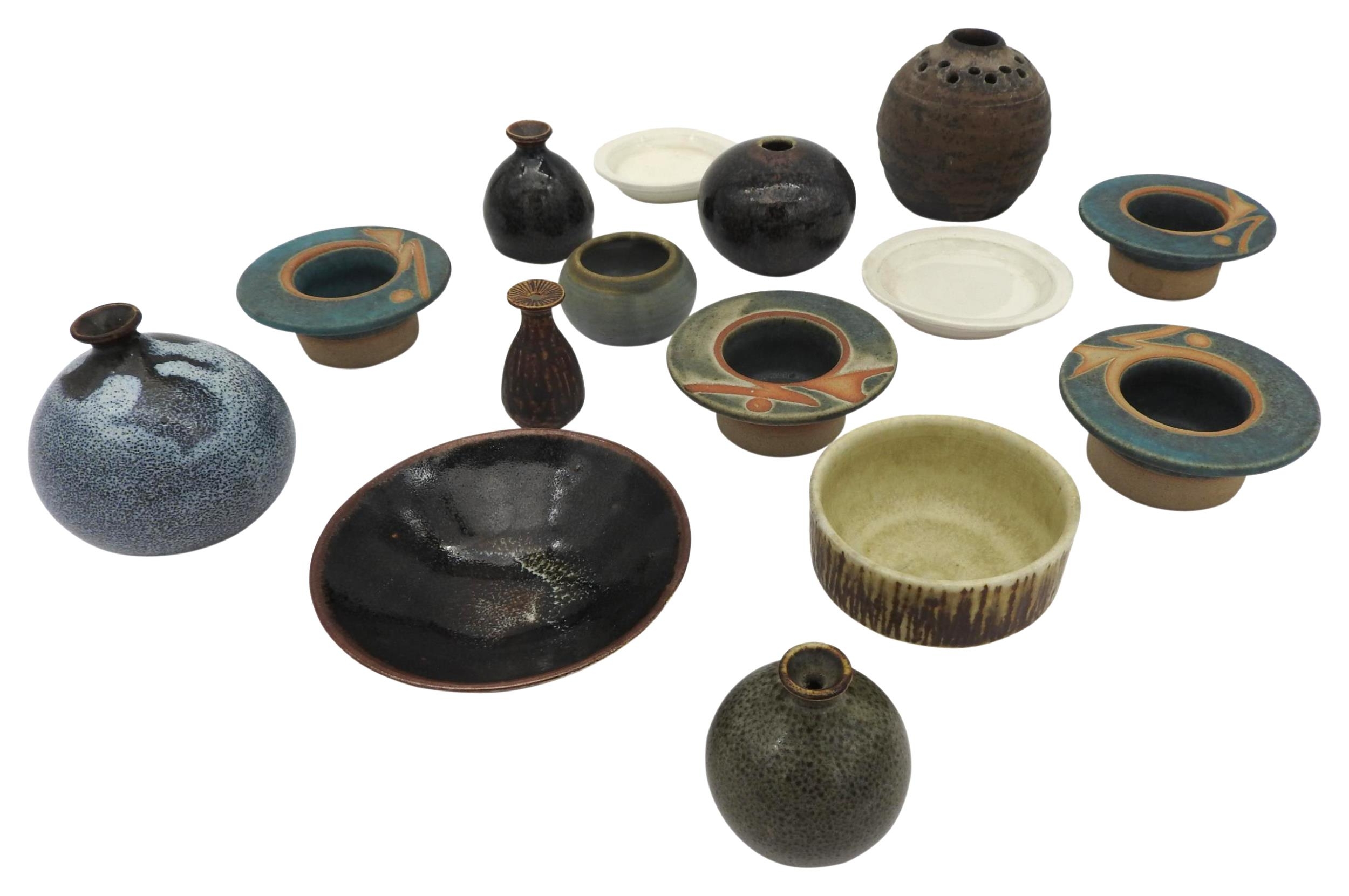 FOUR MADOLINE KEELER POTTERY VASES AND FOUR LACOCK POTTERY VASES , LATE ...