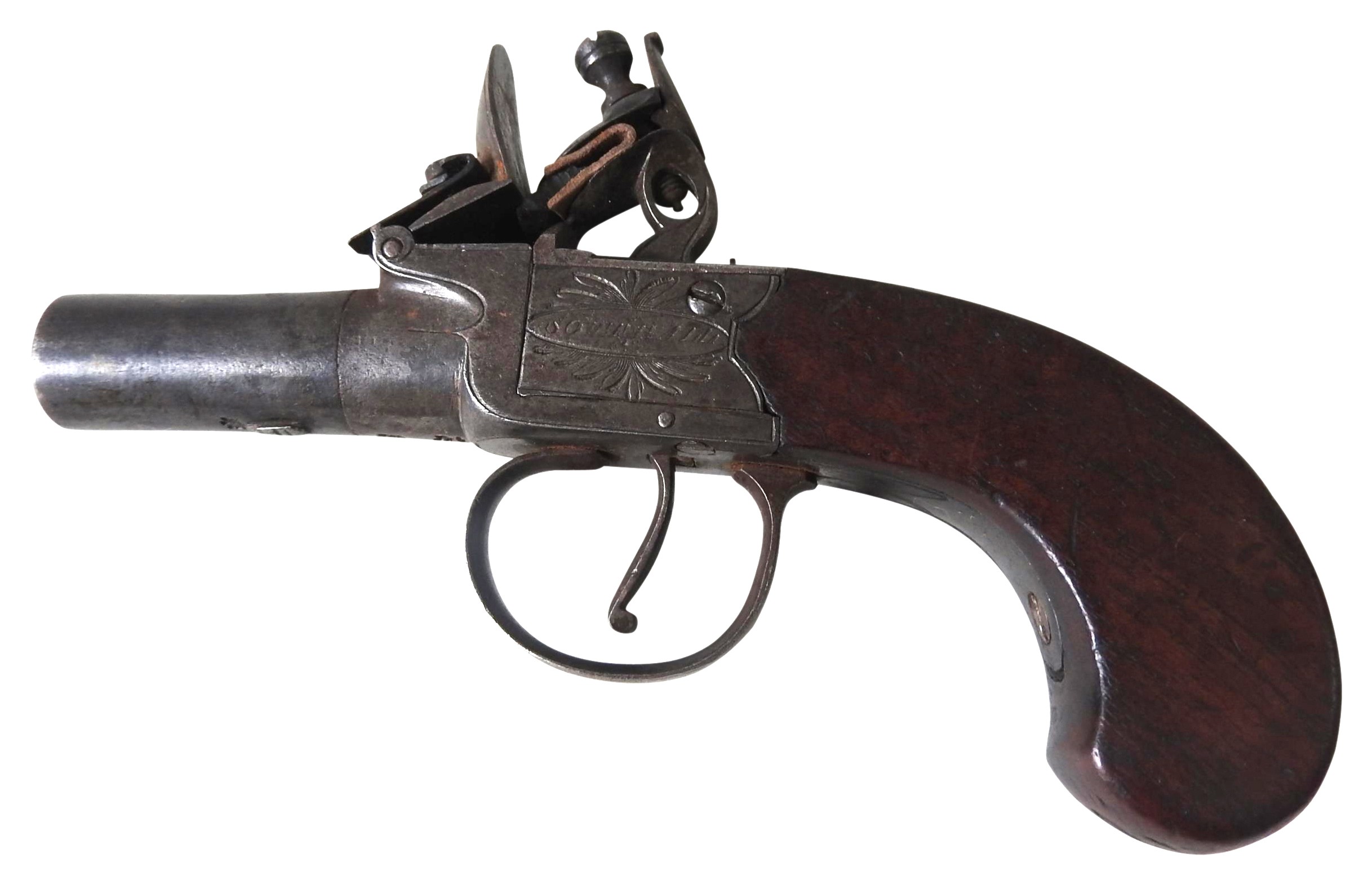 A FLINTLOCK POCKET PISTOL BY SOUTHALL, the action with engraved side ...