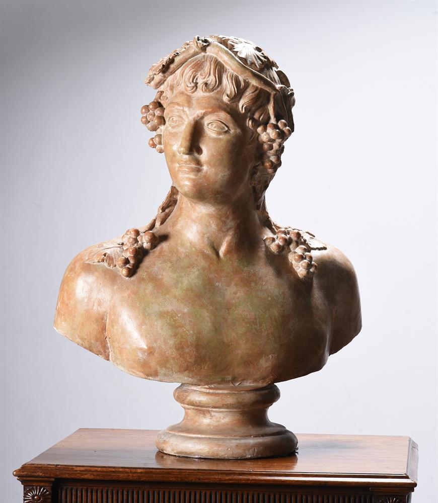 A PAIR OF PATINATED PLASTER BUSTS OF BACCHUS AND A FAWN 20TH CENTURY ...