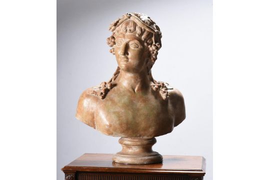 A PAIR OF PATINATED PLASTER BUSTS OF BACCHUS AND A FAWN 20TH CENTURY ...