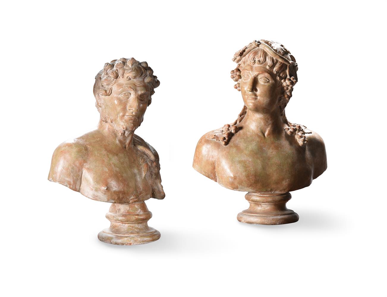 A PAIR OF PATINATED PLASTER BUSTS OF BACCHUS AND A FAWN 20TH CENTURY ...