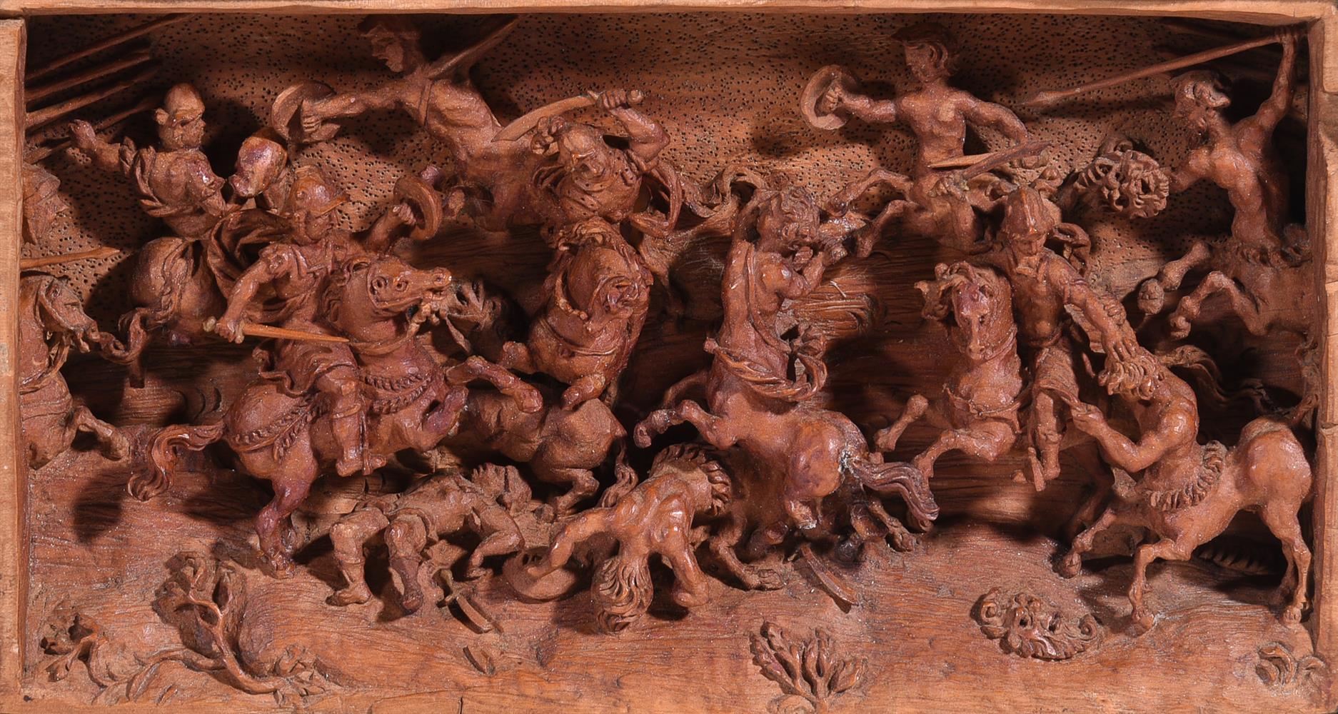 A GERMAN CARVED WOOD DEEP RELIEF SCENE OF BATTLE SCENE WITH CENTAURS ...