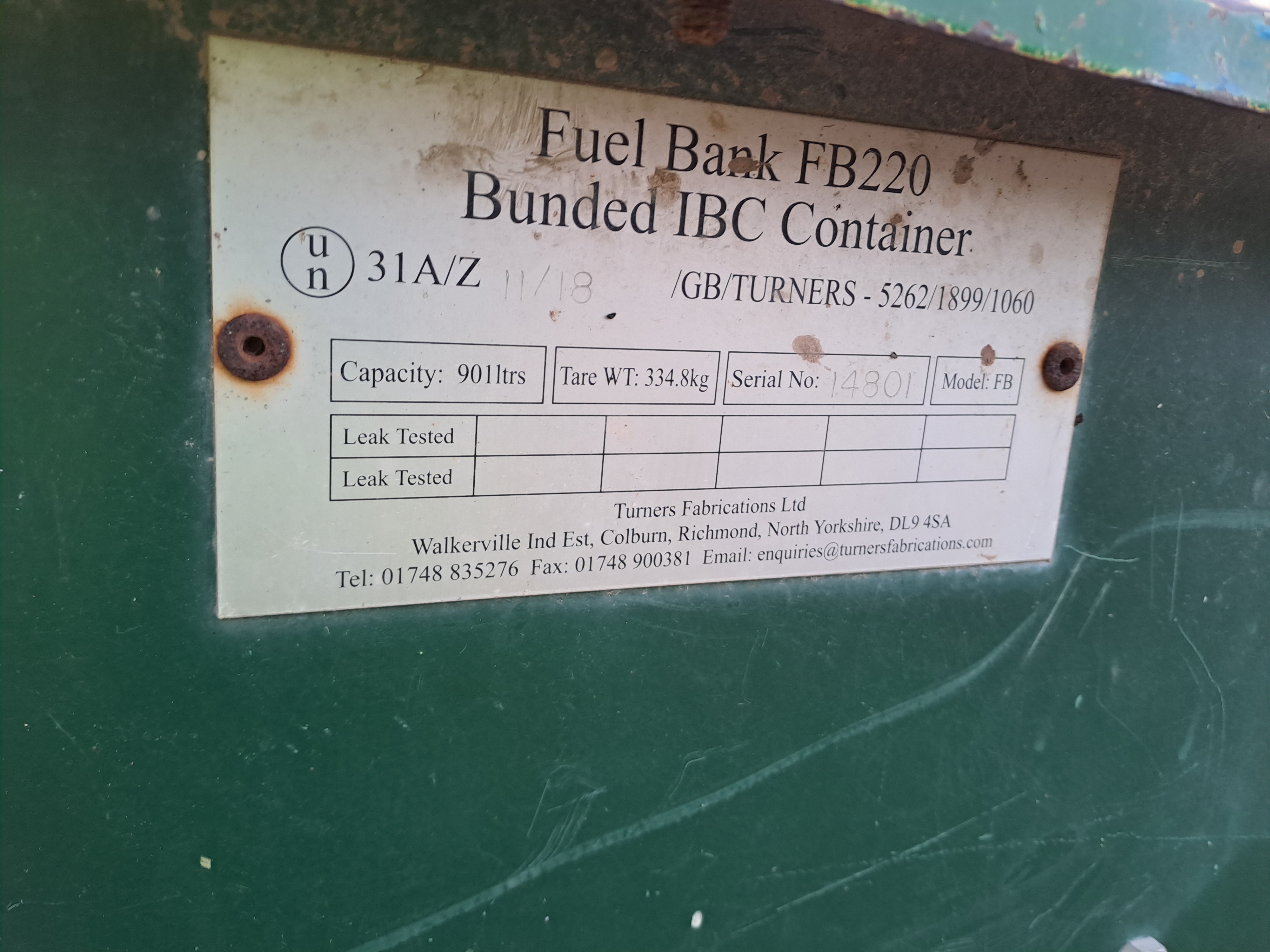 Fuel Bank FB220 bunded IBC skid mounted container, serial no. 14801 ...
